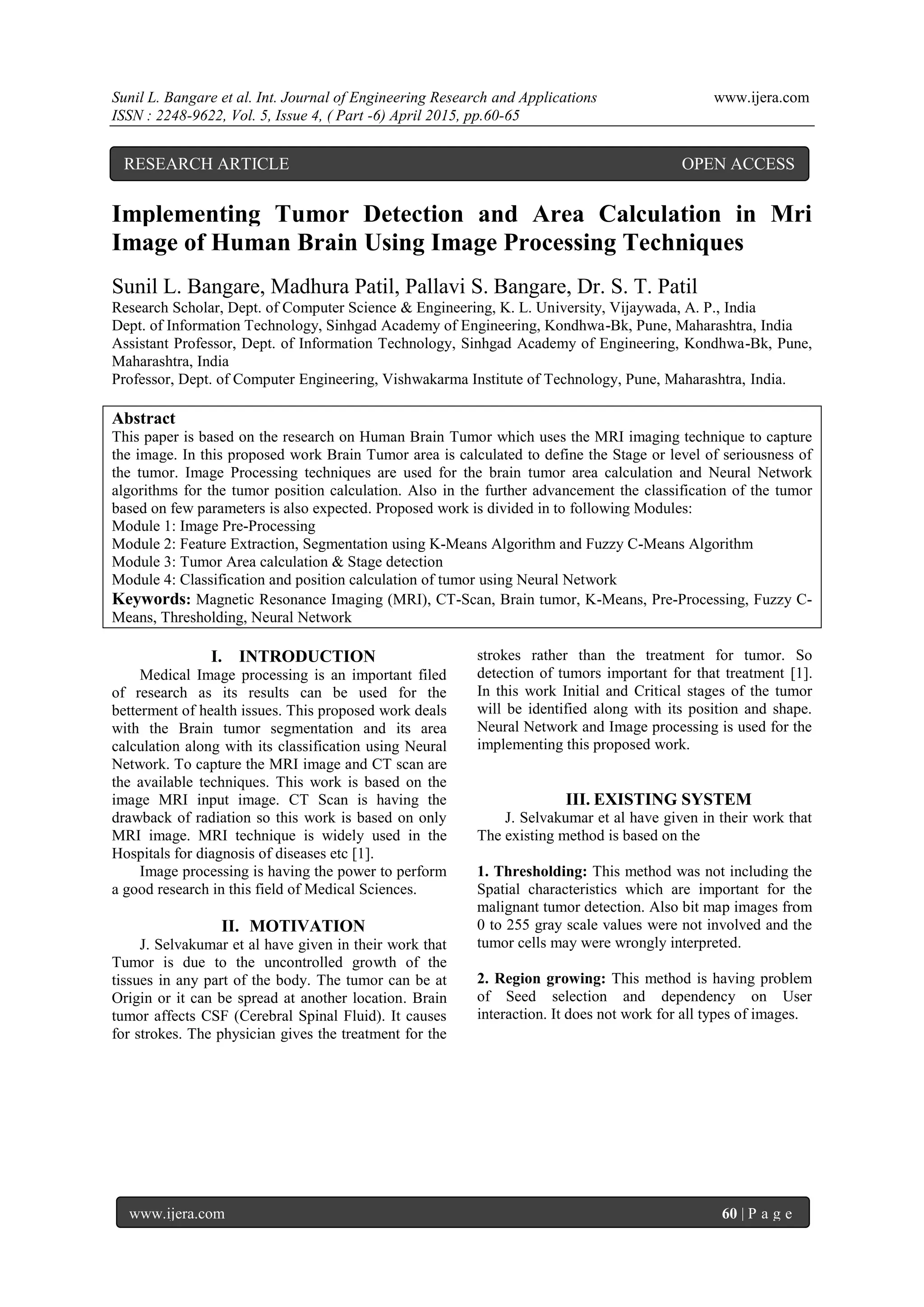 Implementing Tumor Detection and Area Calculation in Mri Image of Human Brain Using Image ...
