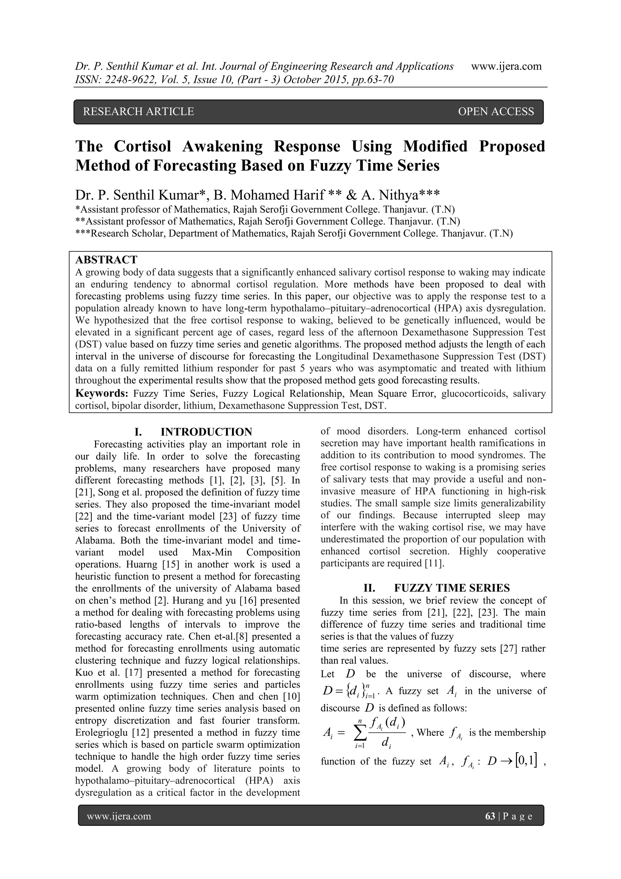 The Cortisol Awakening Response Using Modified Proposed Method of Forecasting Based on Fuzzy ...