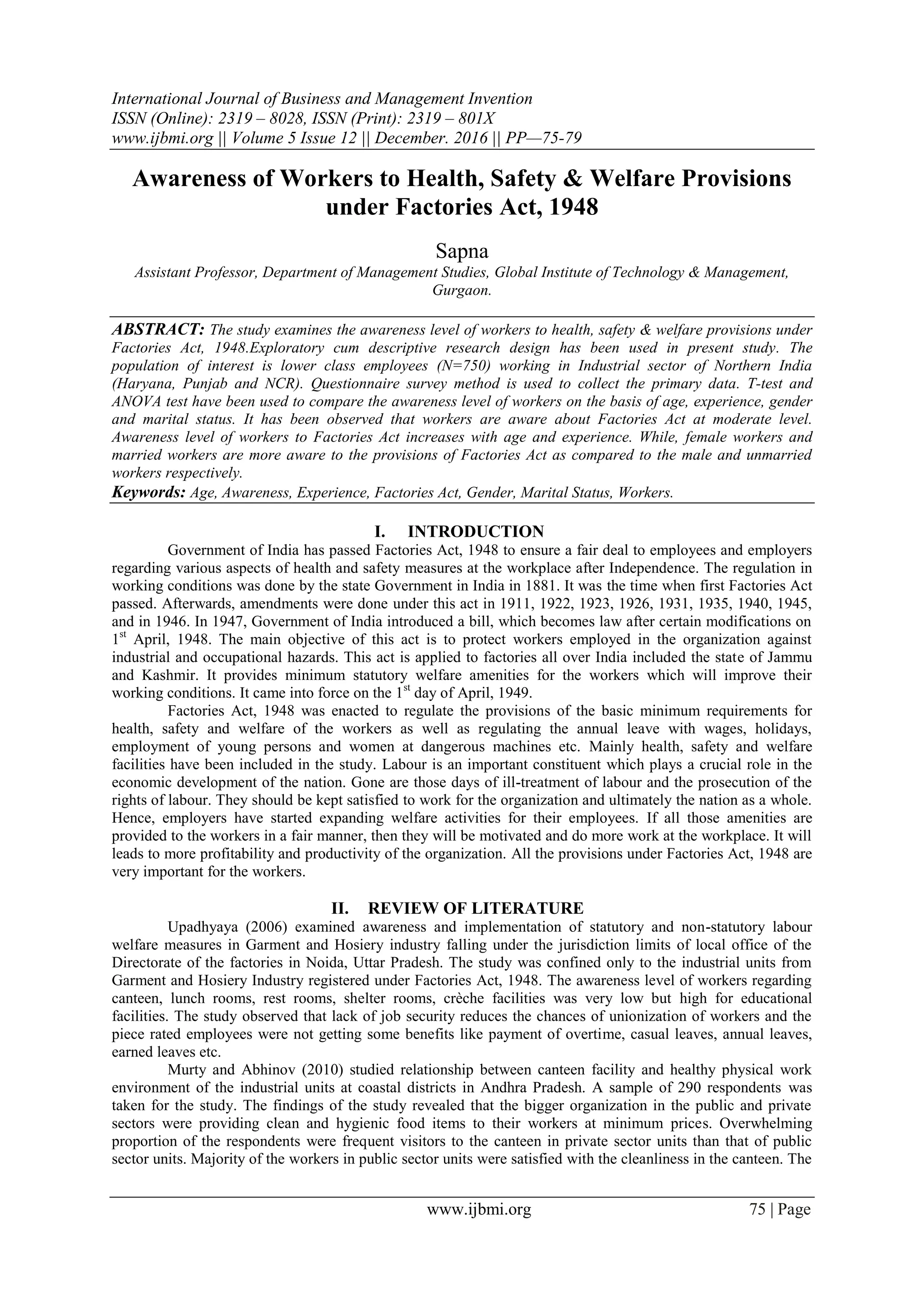 Awareness of Workers to Health, Safety & Welfare Provisions under ...