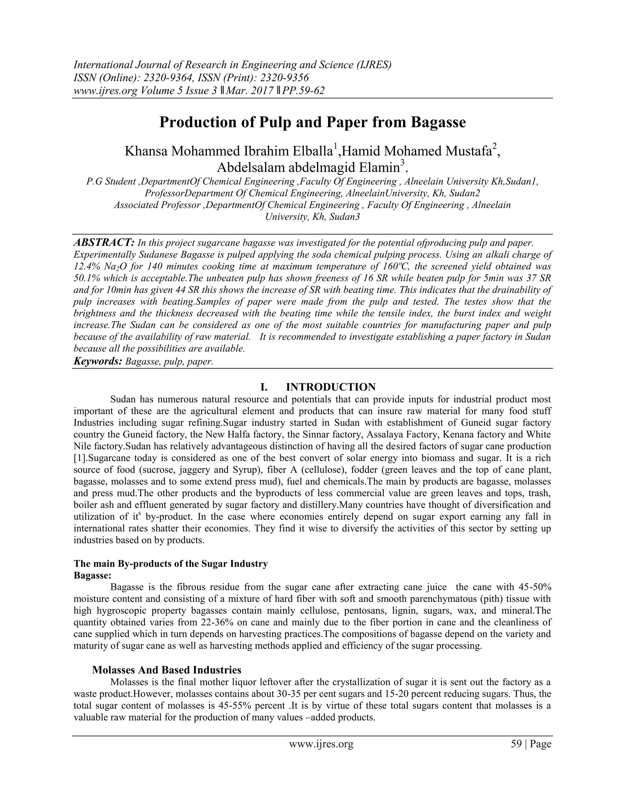 Production of Pulp and Paper from Bagasse | PDF