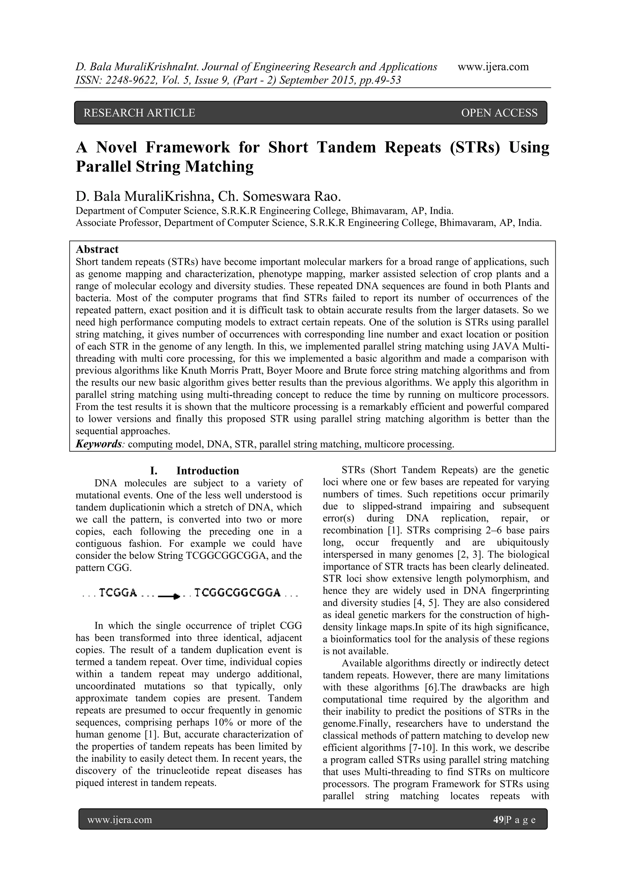 A Novel Framework for Short Tandem Repeats (STRs) Using Parallel String Matching | PDF