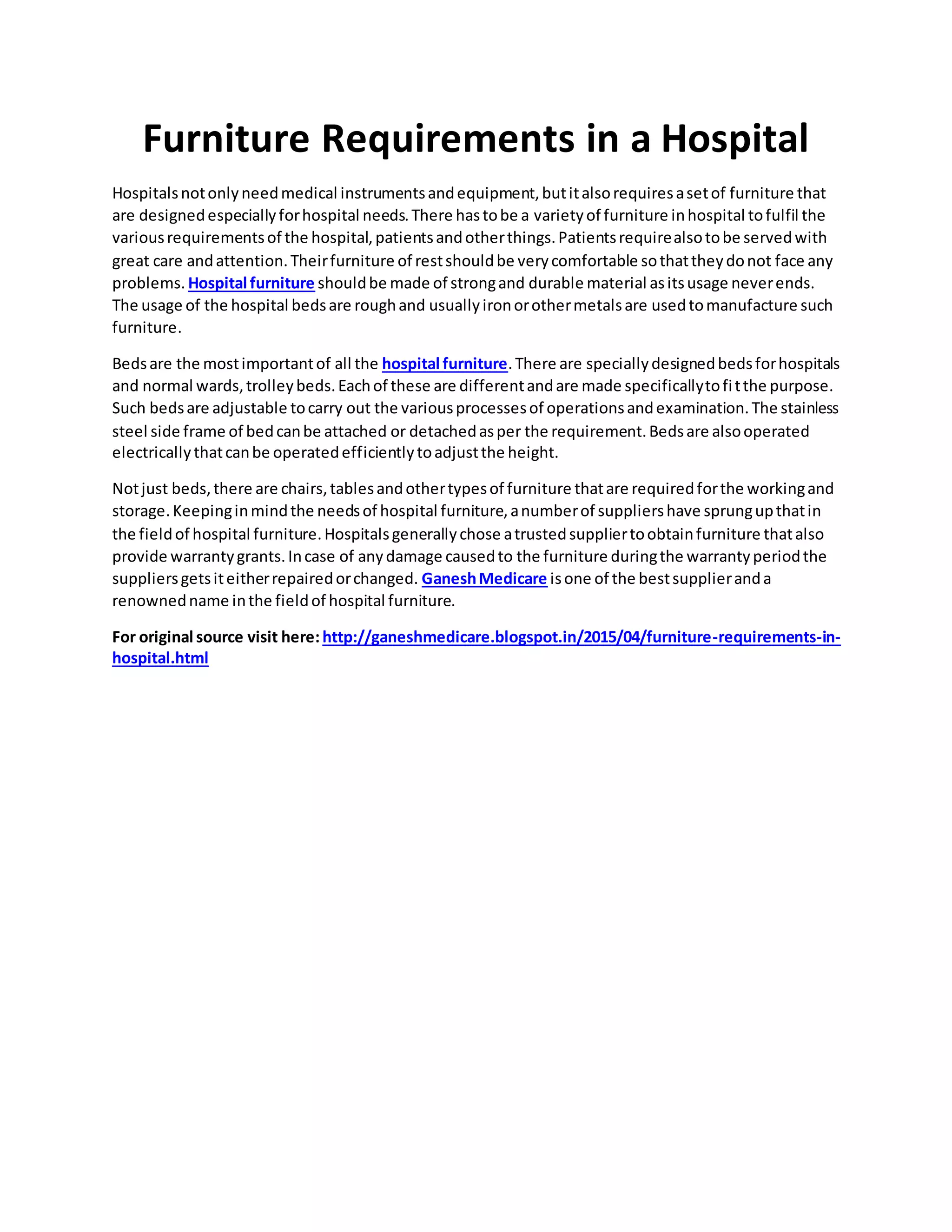 Furniture Requirements in a Hospital | DOCX