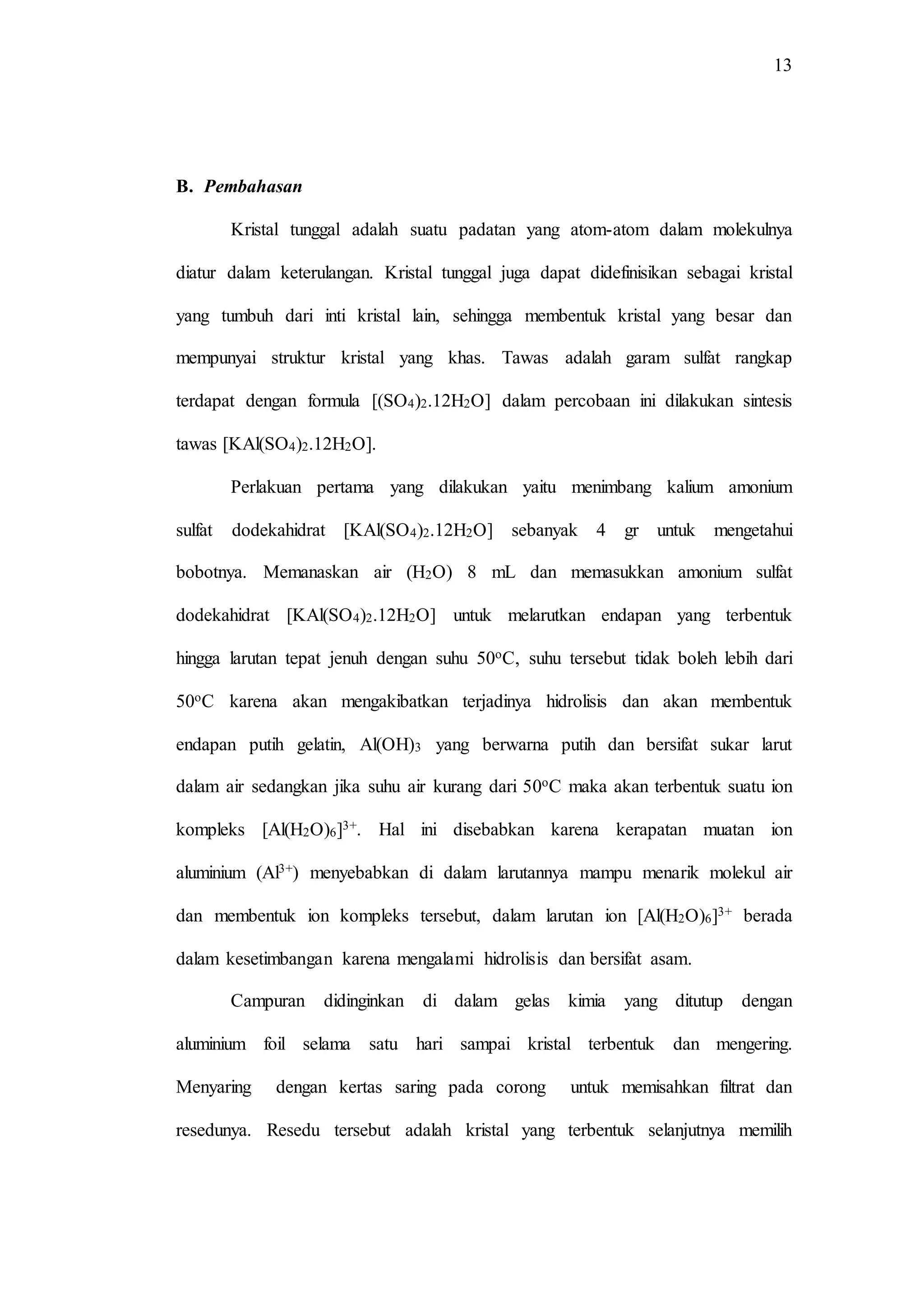 Sintesis kristal tunggal besar [k al.(so4)2.12 h2o] | DOCX