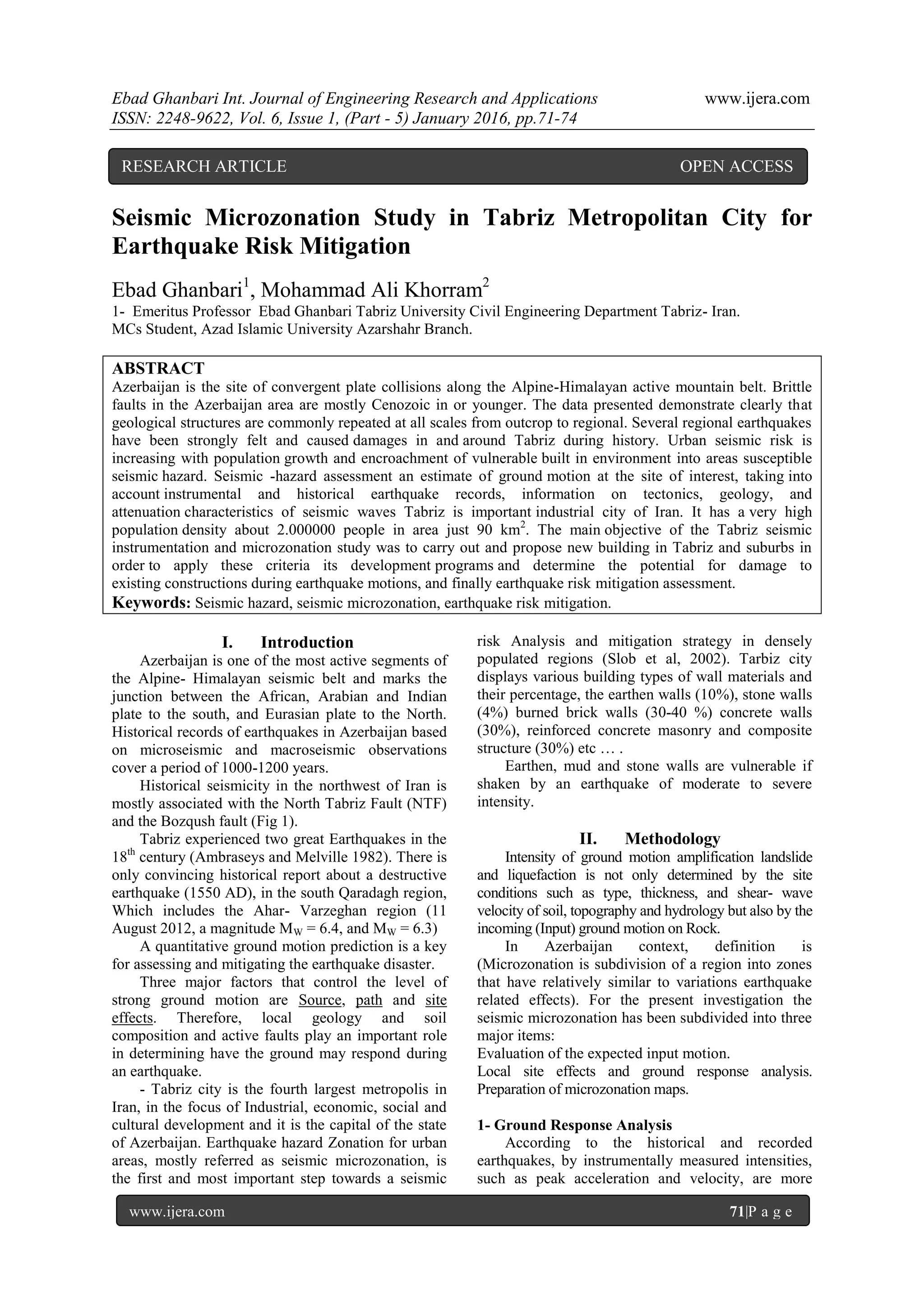 Seismic Microzonation Study in Tabriz Metropolitan City for Earthquake Risk Mitigation | PDF