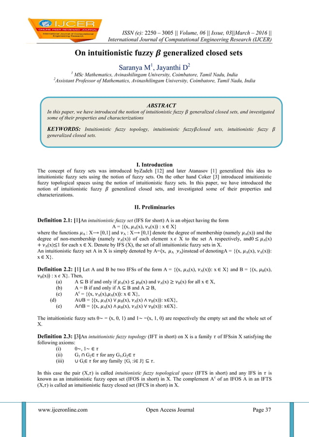 On intuitionistic fuzzy 휷 generalized closed sets | PDF