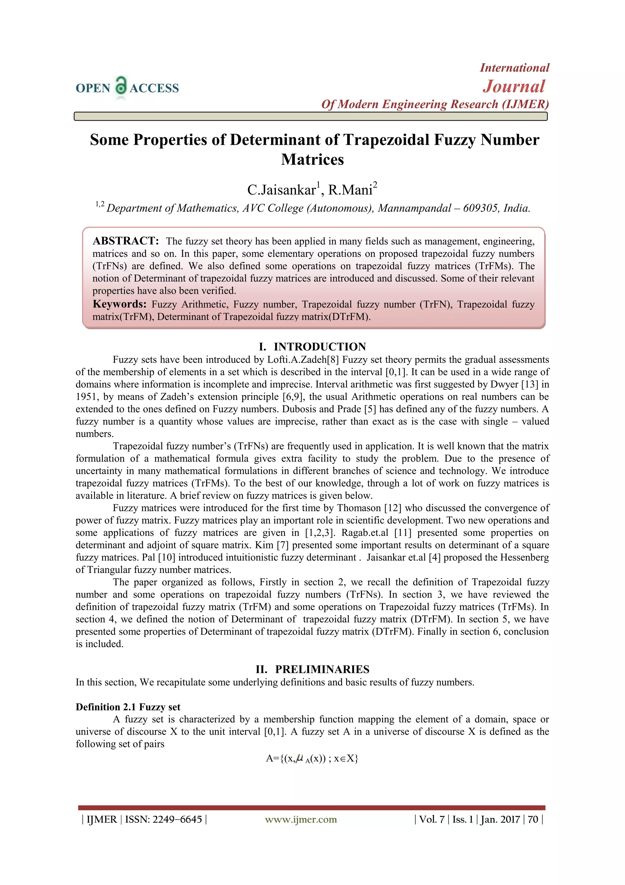 Some Properties of Determinant of Trapezoidal Fuzzy Number Matrices | PDF