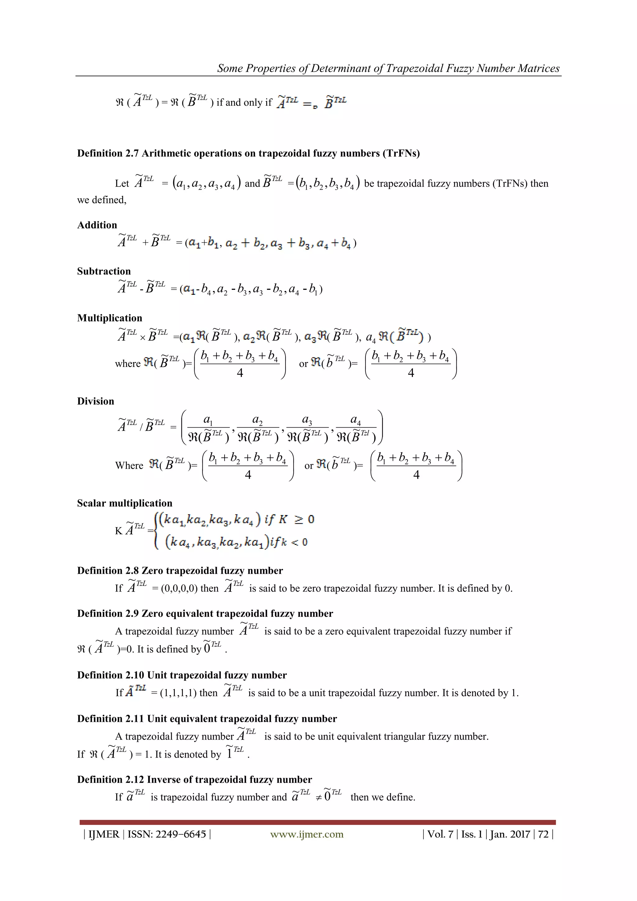 Some Properties of Determinant of Trapezoidal Fuzzy Number Matrices | PDF
