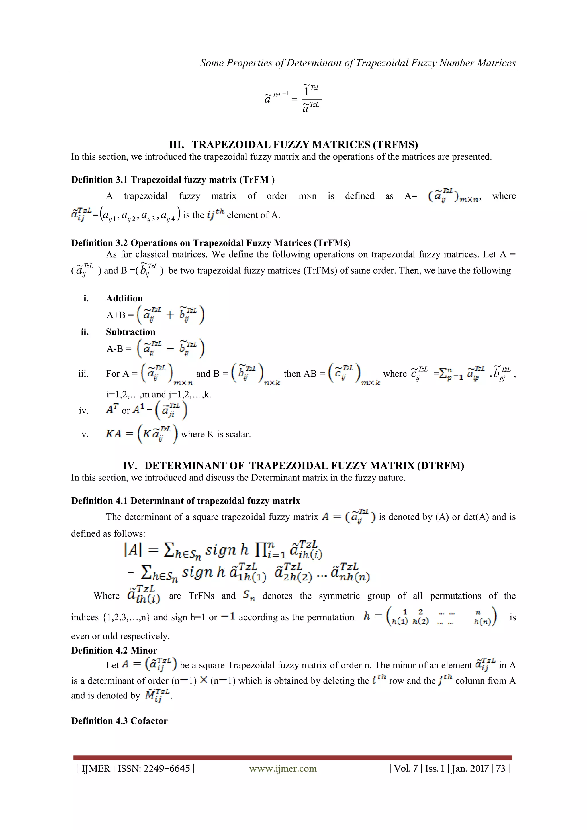 Some Properties of Determinant of Trapezoidal Fuzzy Number Matrices | PDF