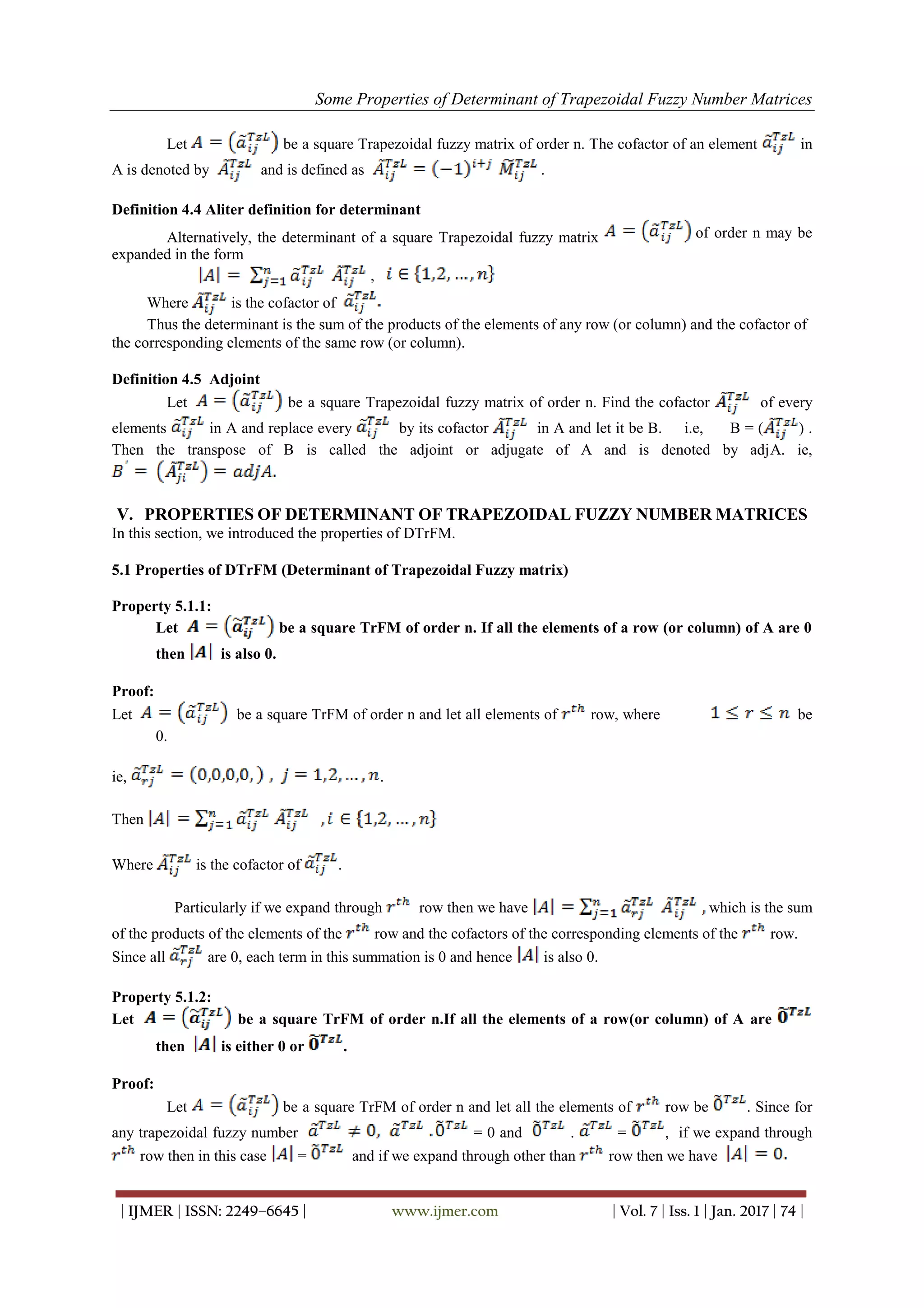 Some Properties of Determinant of Trapezoidal Fuzzy Number Matrices | PDF