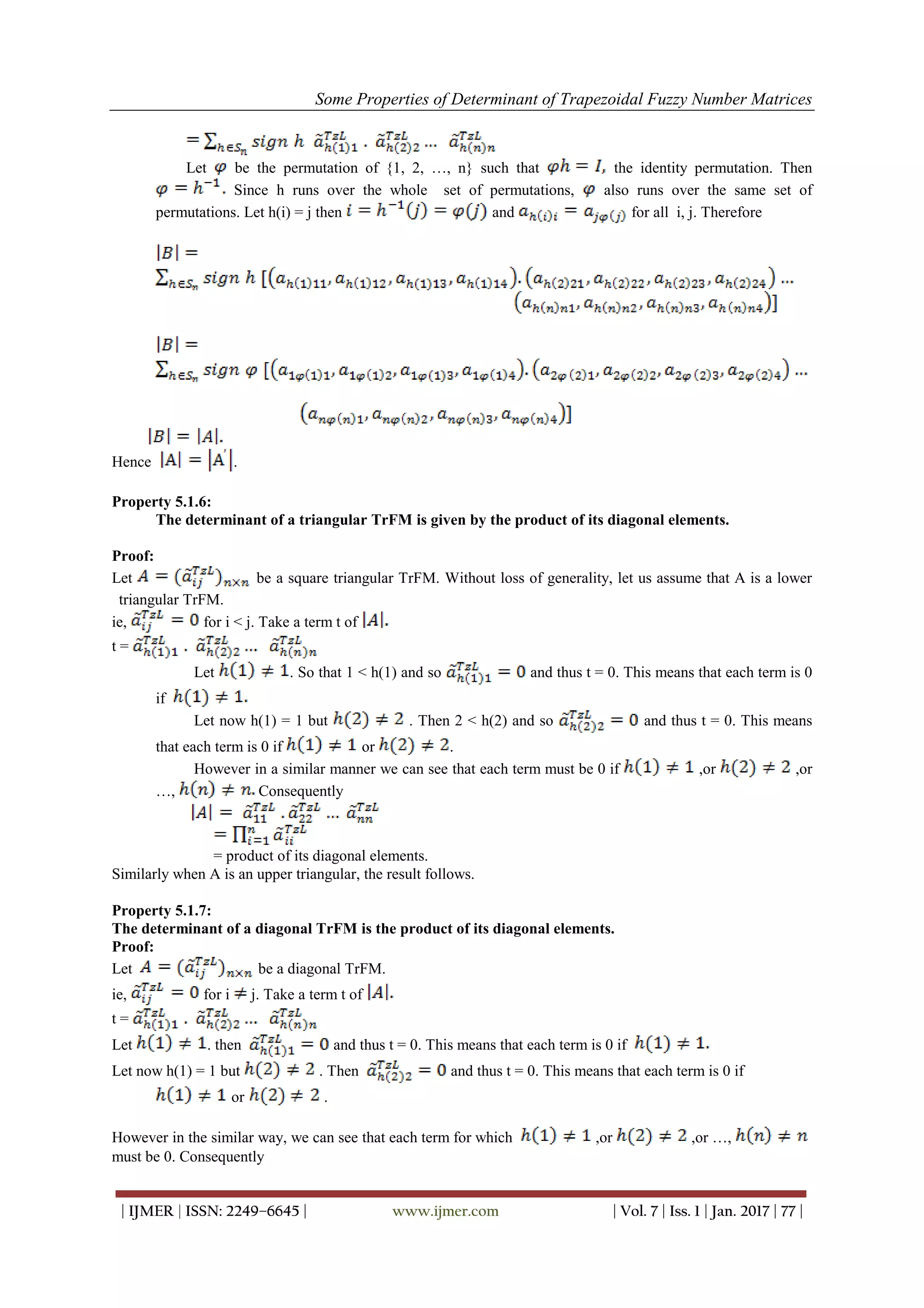 Some Properties of Determinant of Trapezoidal Fuzzy Number Matrices | PDF
