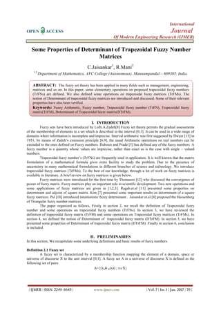 Some Properties of Determinant of Trapezoidal Fuzzy Number Matrices | PDF