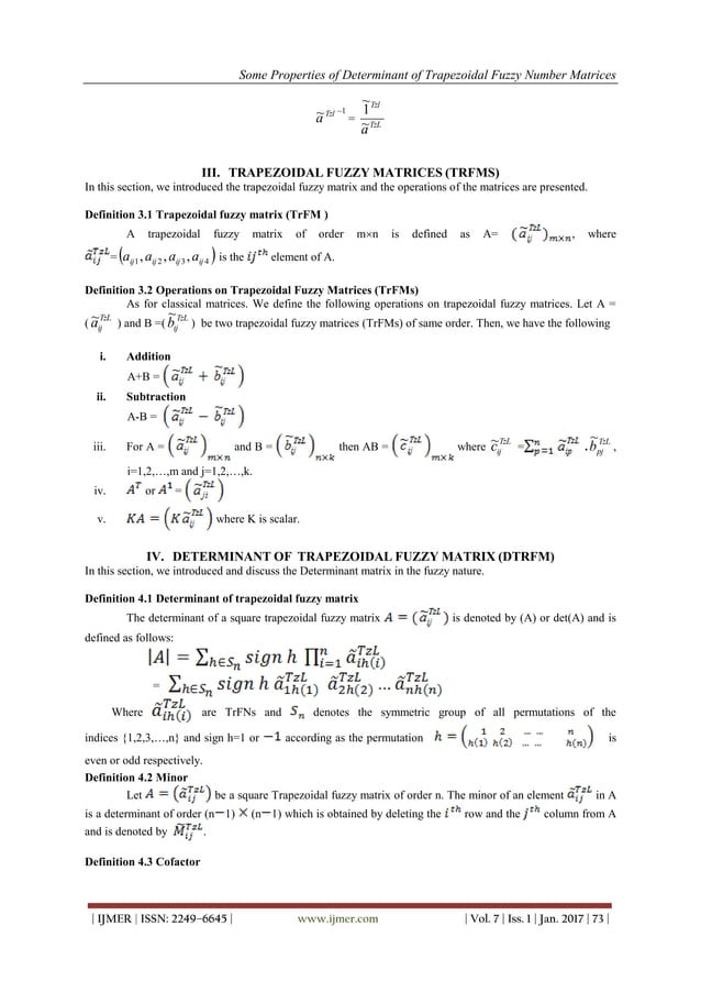 Some Properties of Determinant of Trapezoidal Fuzzy Number Matrices | PDF