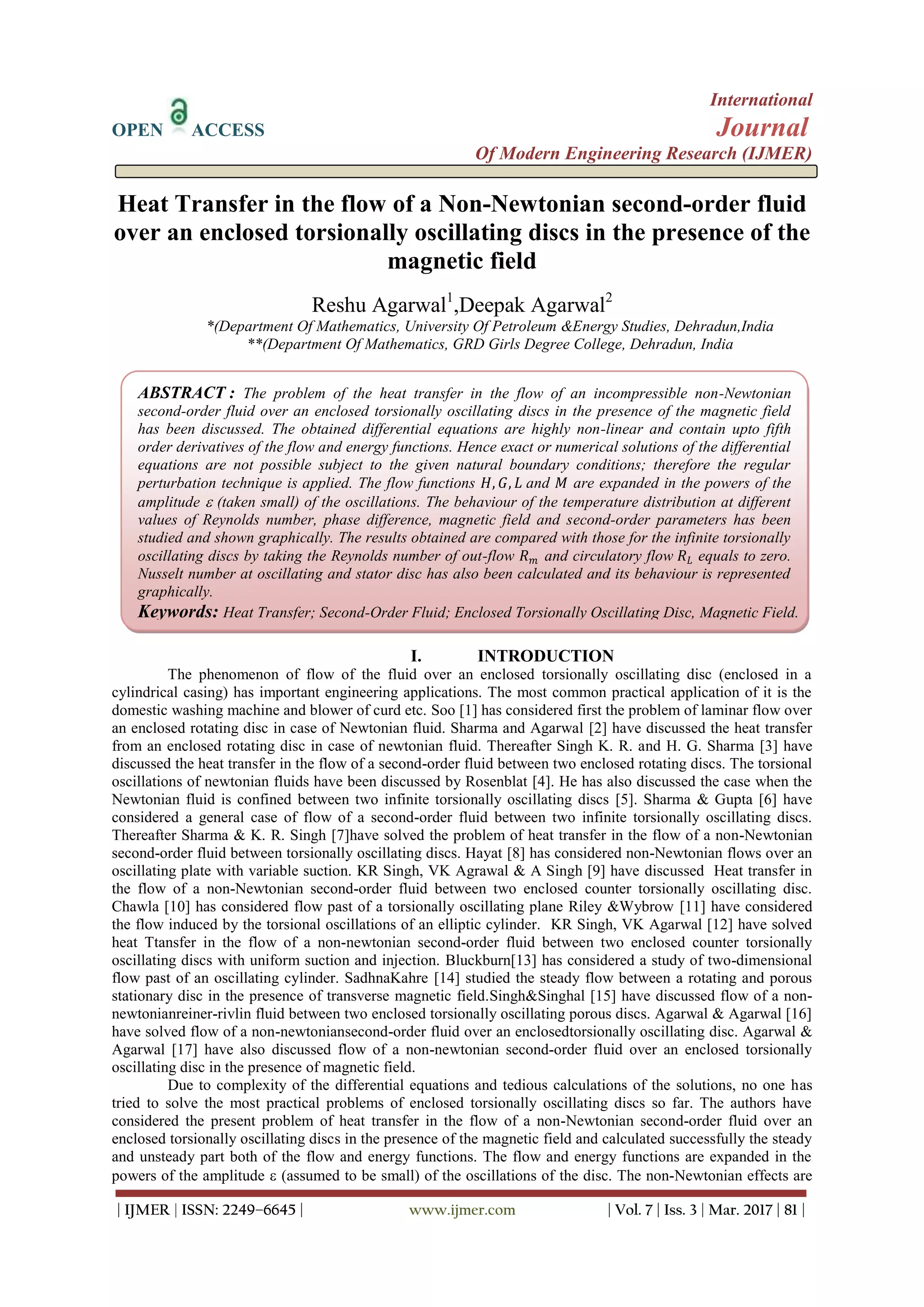 Heat Transfer in the flow of a Non-Newtonian second-order fluid over an ...