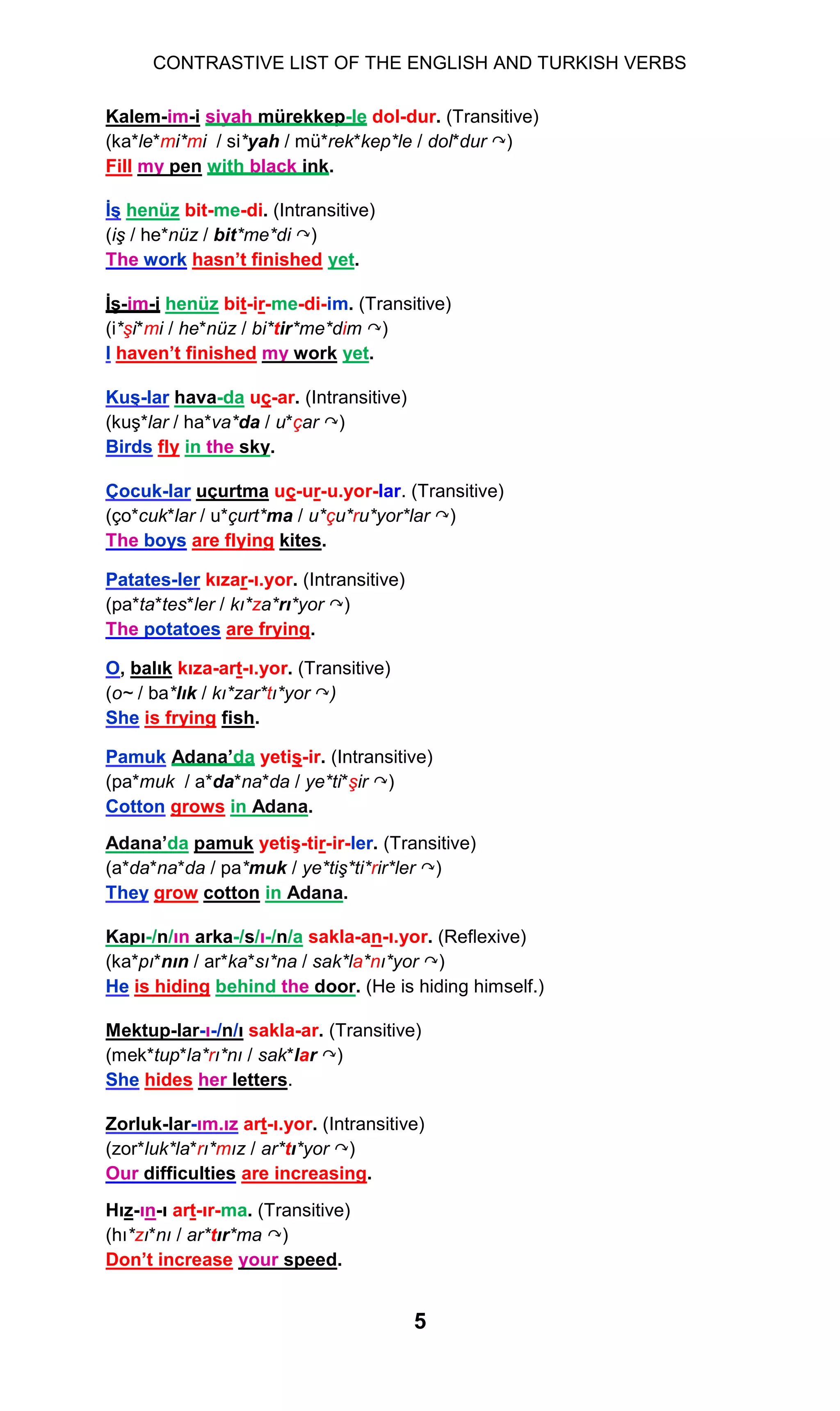 Contrastive list of the english and turkish verbs signed | PDF
