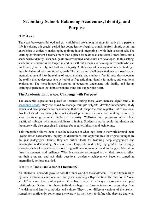 Secondary School: Balancing Academics, Identity, and Purpose | PDF