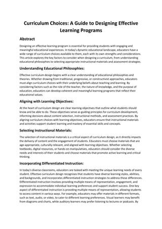 Curriculum Choices: A Guide to Designing Effective Learning Programs | PDF