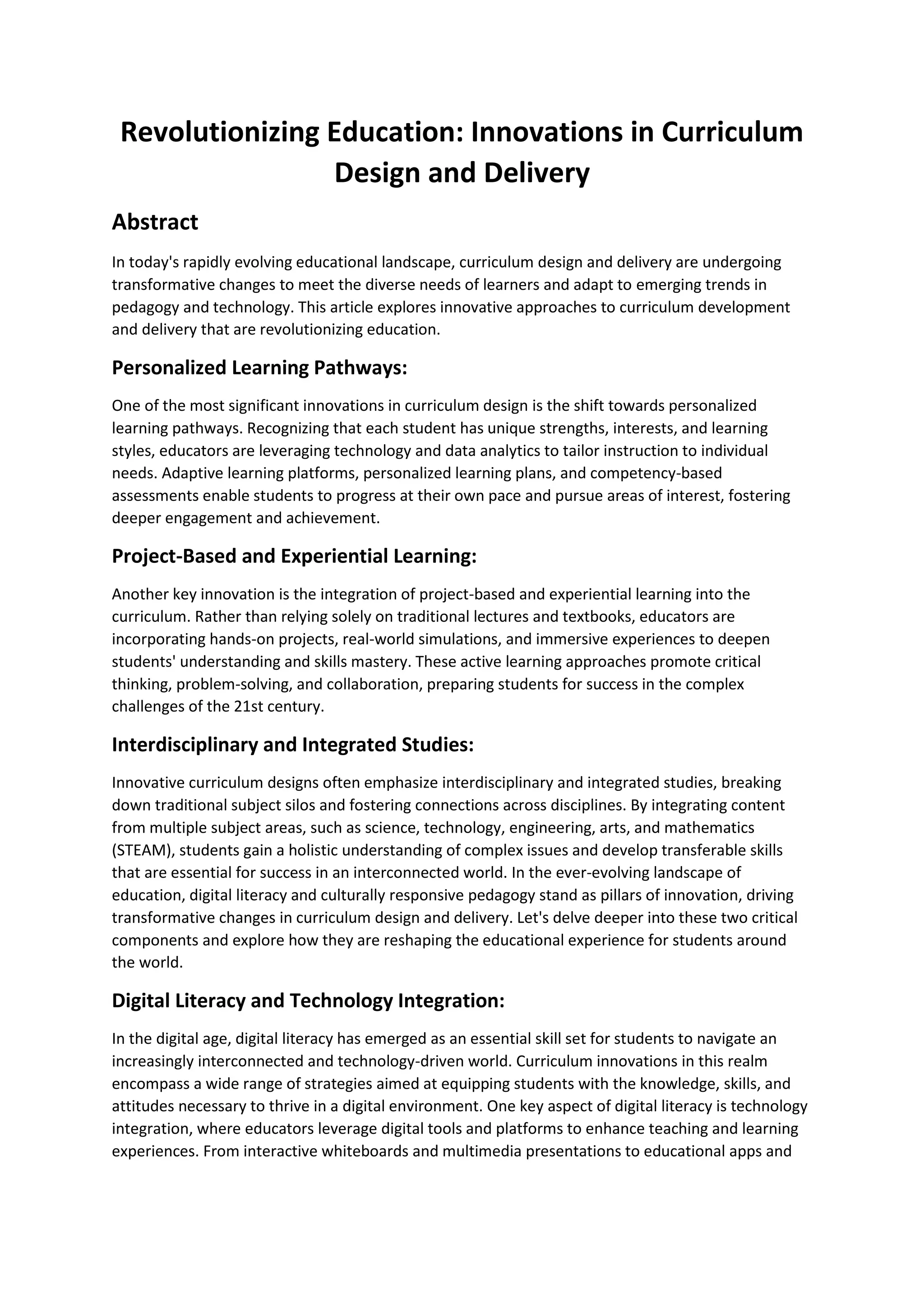 Revolutionizing Education: Innovations in Curriculum Design and ...