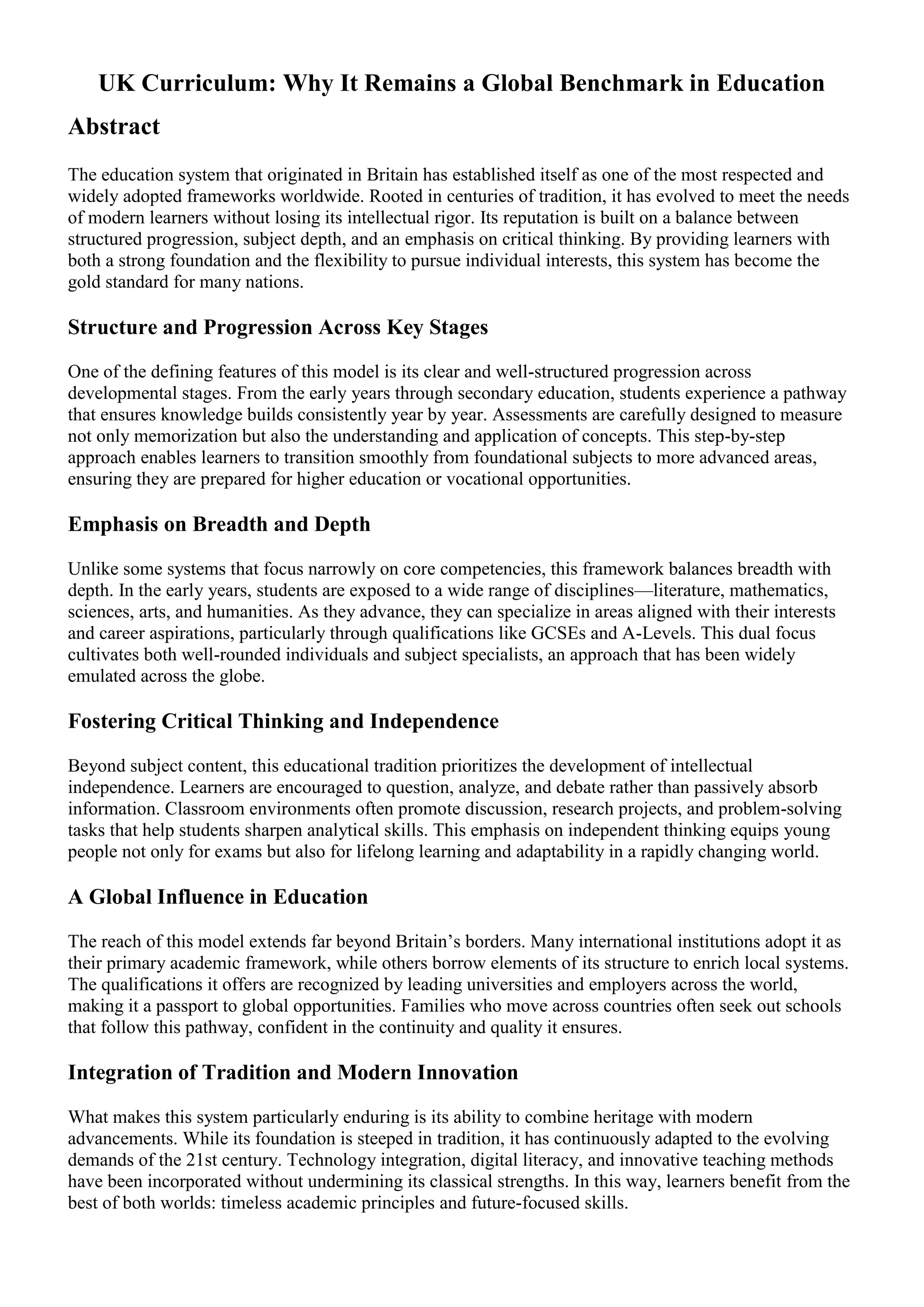 UK Curriculum: Why It Remains a Global Benchmark in Education | PDF