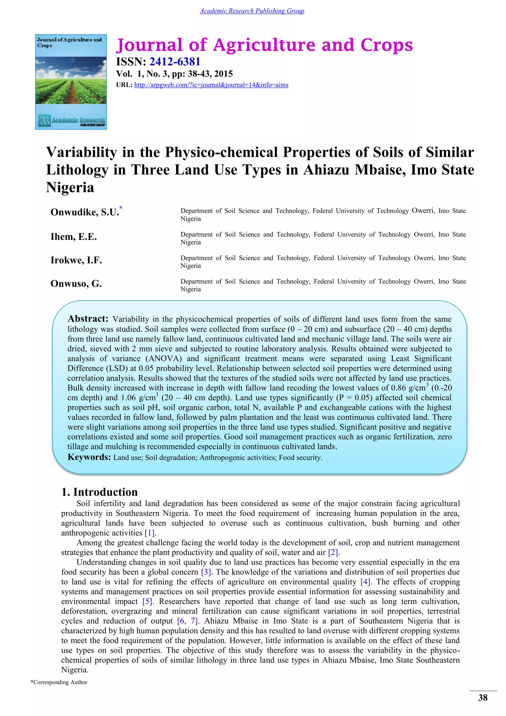 Variability in the Physico-chemical Properties of Soils of Similar Lithology in Three Land Use ...