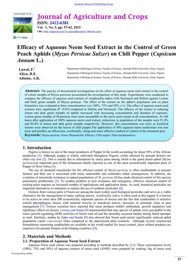 Efficacy of Aqueous Neem Seed Extract in the Control of Green Peach ...