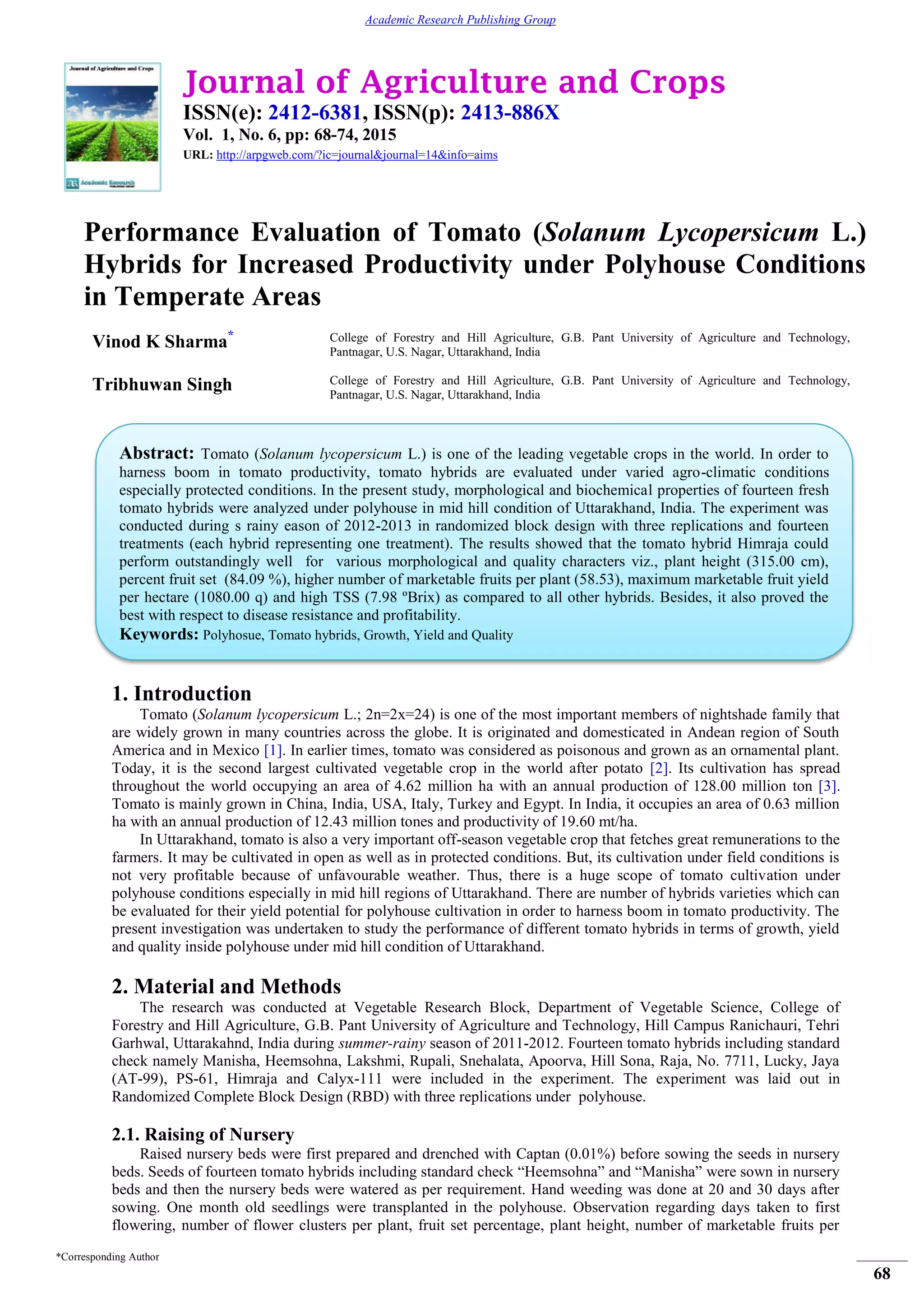 Performance Evaluation of Tomato (Solanum Lycopersicum L.) Hybrids for ...