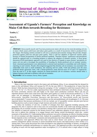 Assessment of Uganda?s Farmers? Perception and Knowledge on Maize Cob Rots towards Breeding for ...