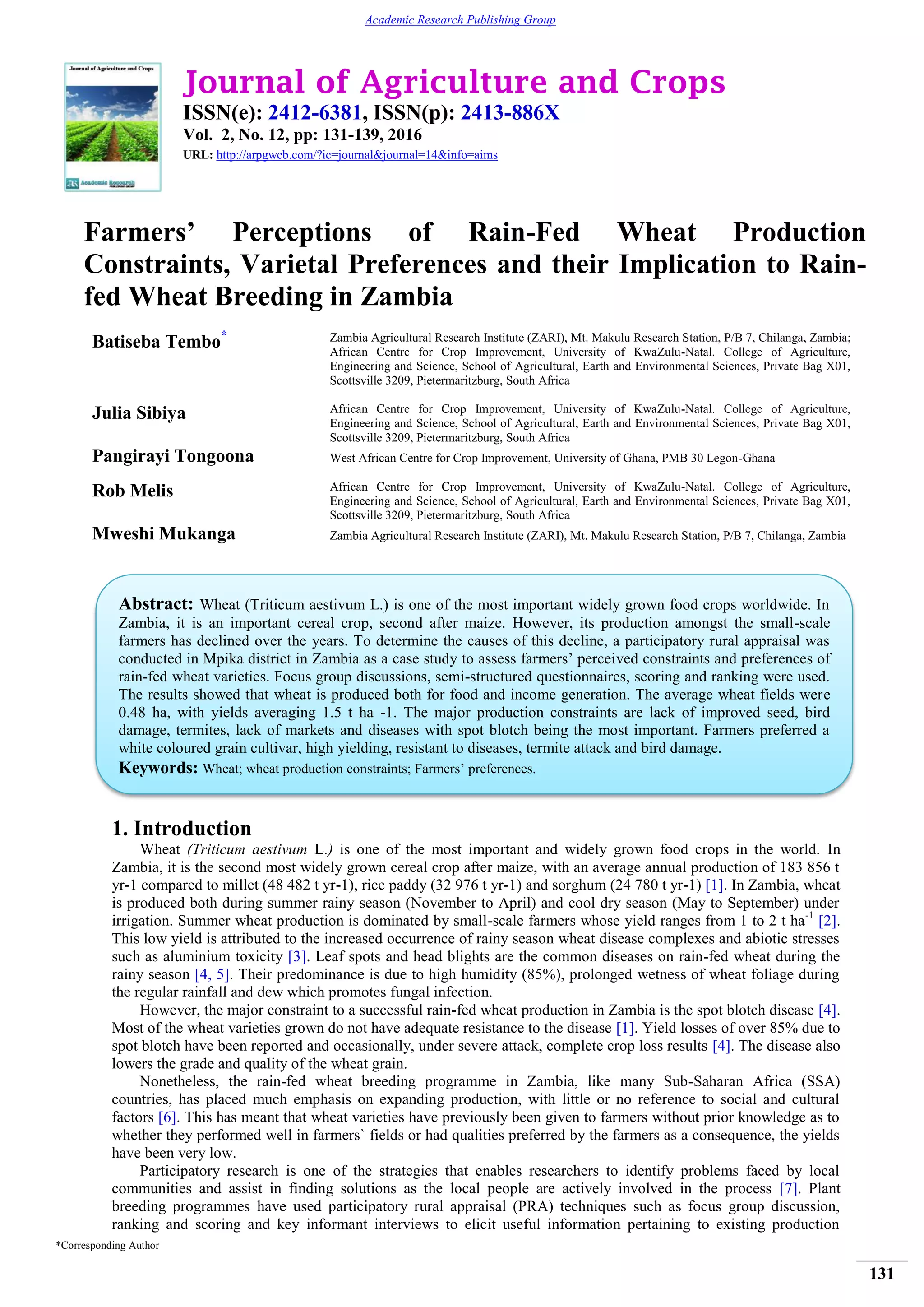 Farmers? Perceptions of Rain-Fed Wheat Production Constraints, Varietal Preferences and their ...