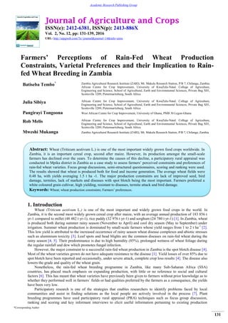 Farmers? Perceptions of Rain-Fed Wheat Production Constraints, Varietal Preferences and their ...