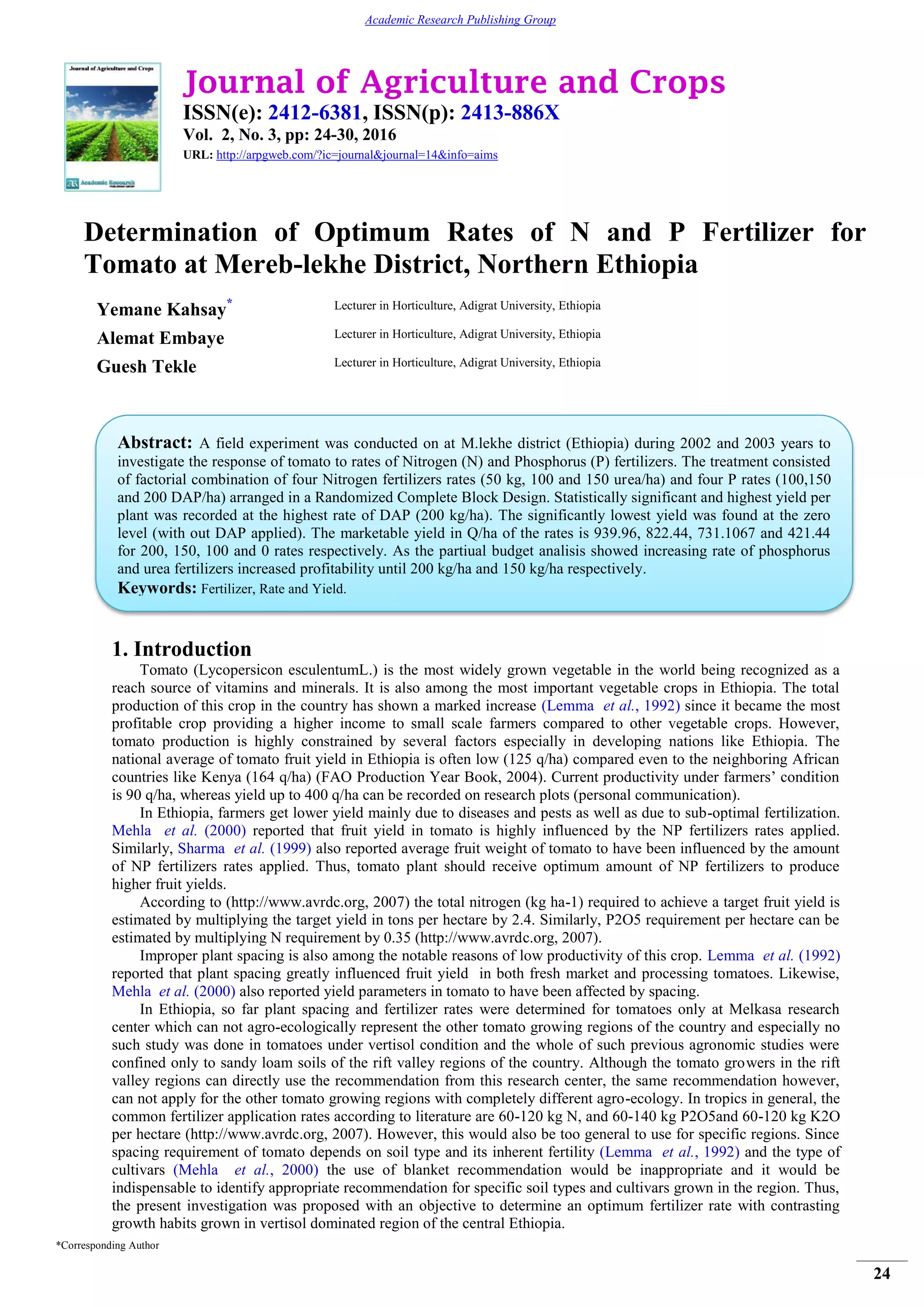 Determination of Optimum Rates of N and P Fertilizer for Tomato at ...