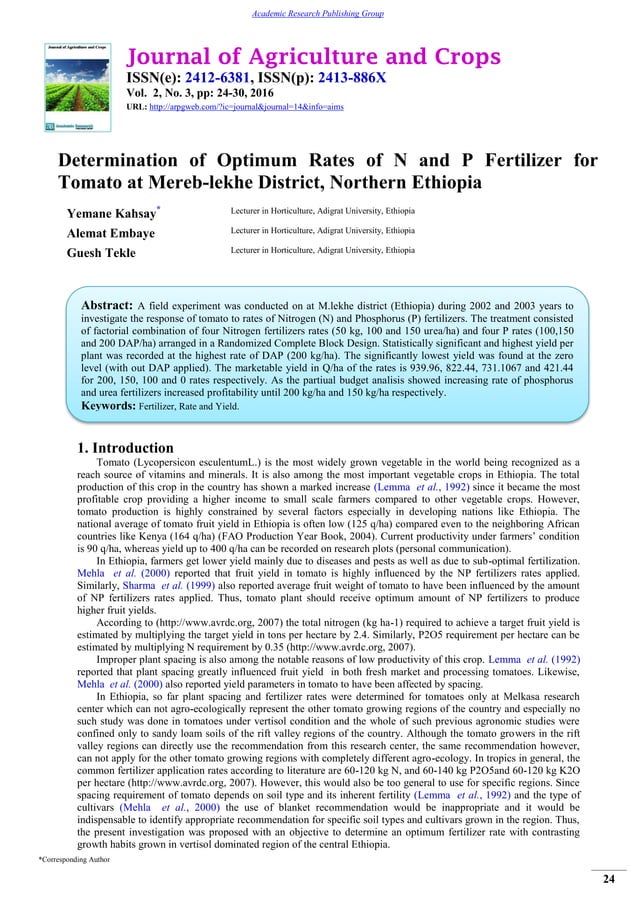 Determination of Optimum Rates of N and P Fertilizer for Tomato at ...