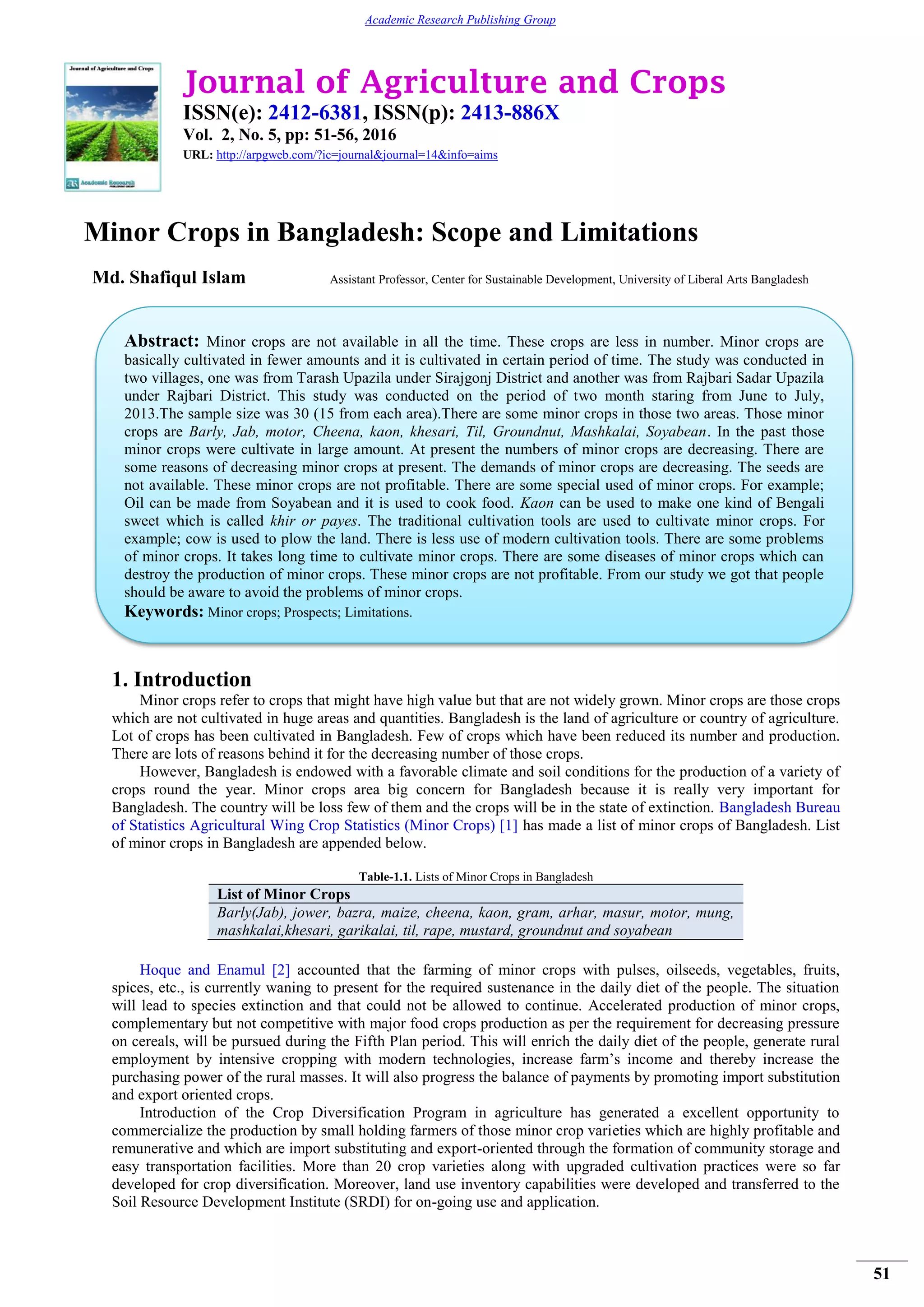 Minor Crops in Bangladesh: Scope and Limitations | PDF