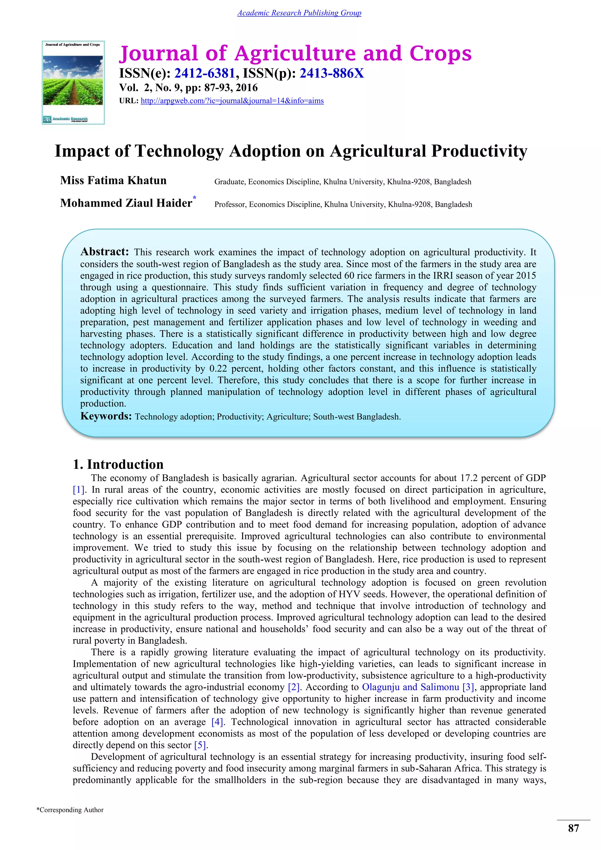 Impact of Technology Adoption on Agricultural Productivity | PDF