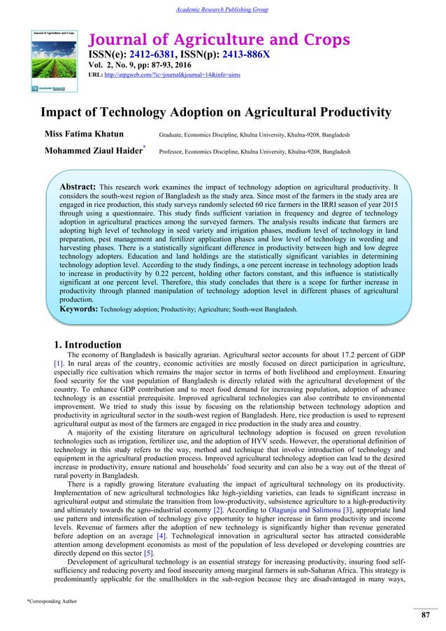 Impact of Technology Adoption on Agricultural Productivity | PDF