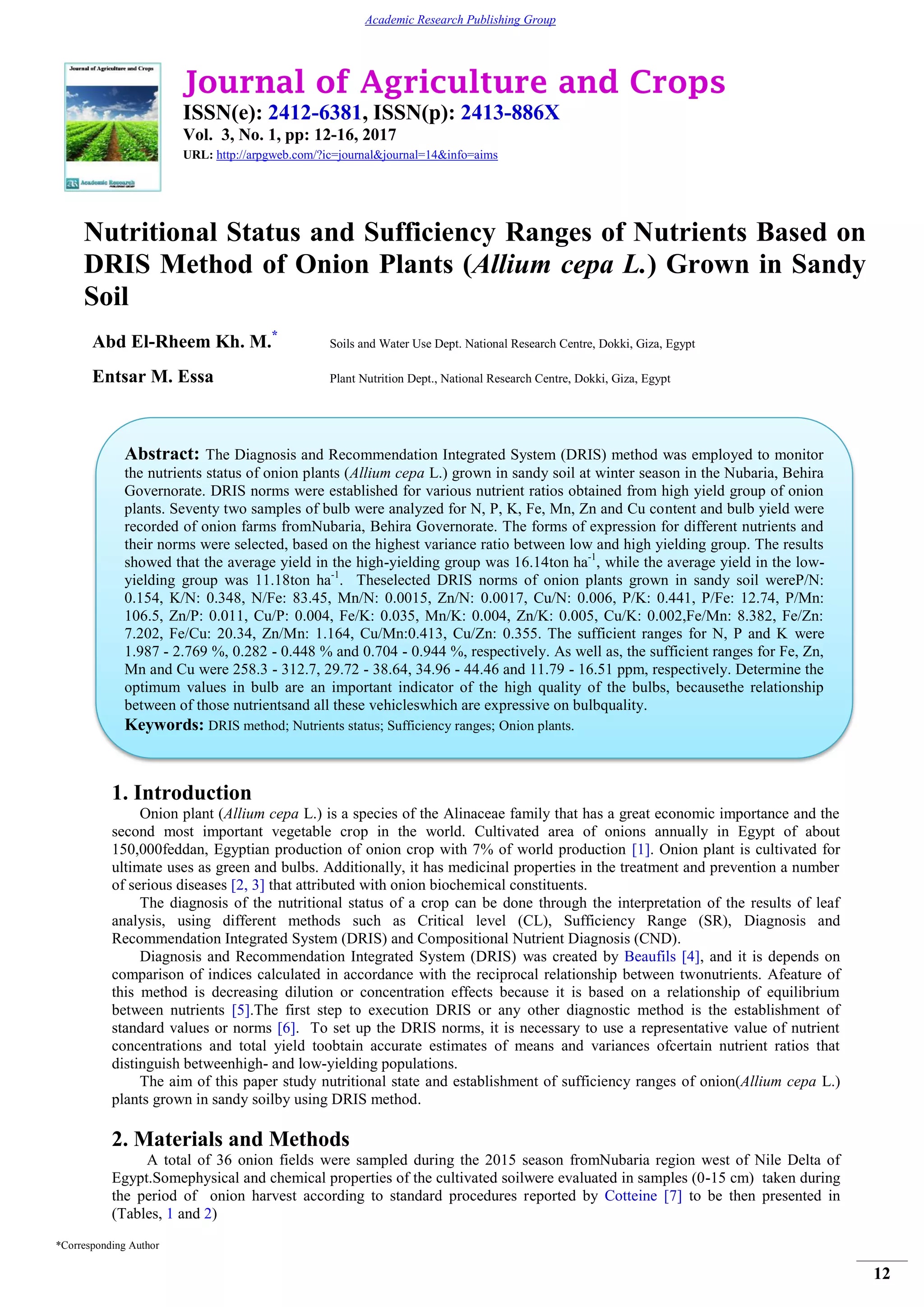 Nutritional Status and Sufficiency Ranges of Nutrients Based on DRIS Method of Onion Plants ...