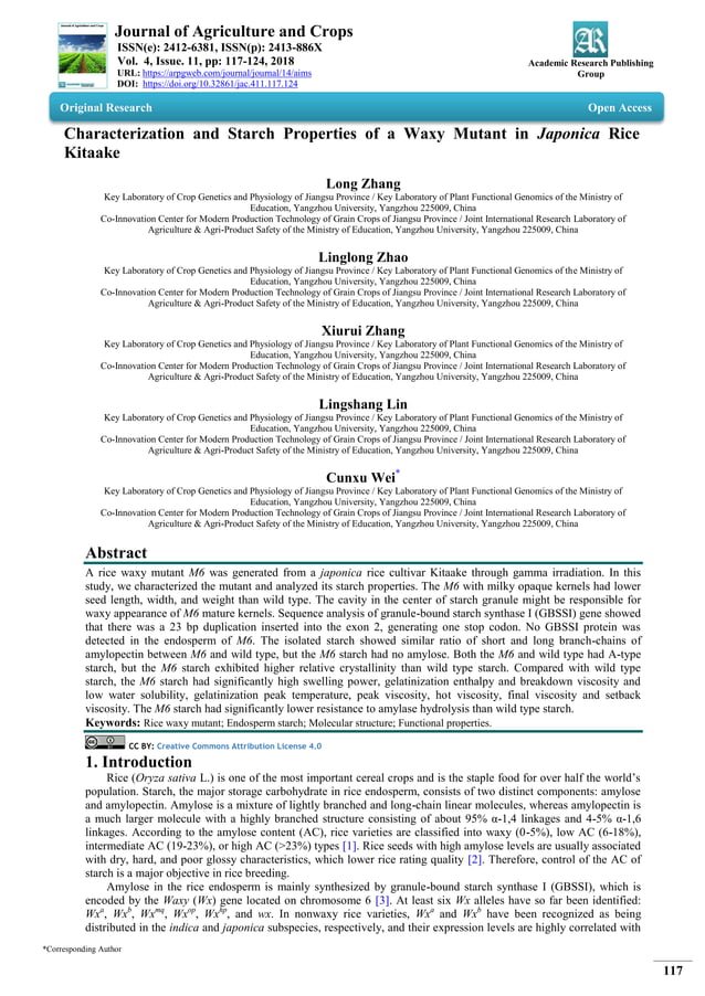 Characterization and Starch Properties of a Waxy Mutant in Japonica ...