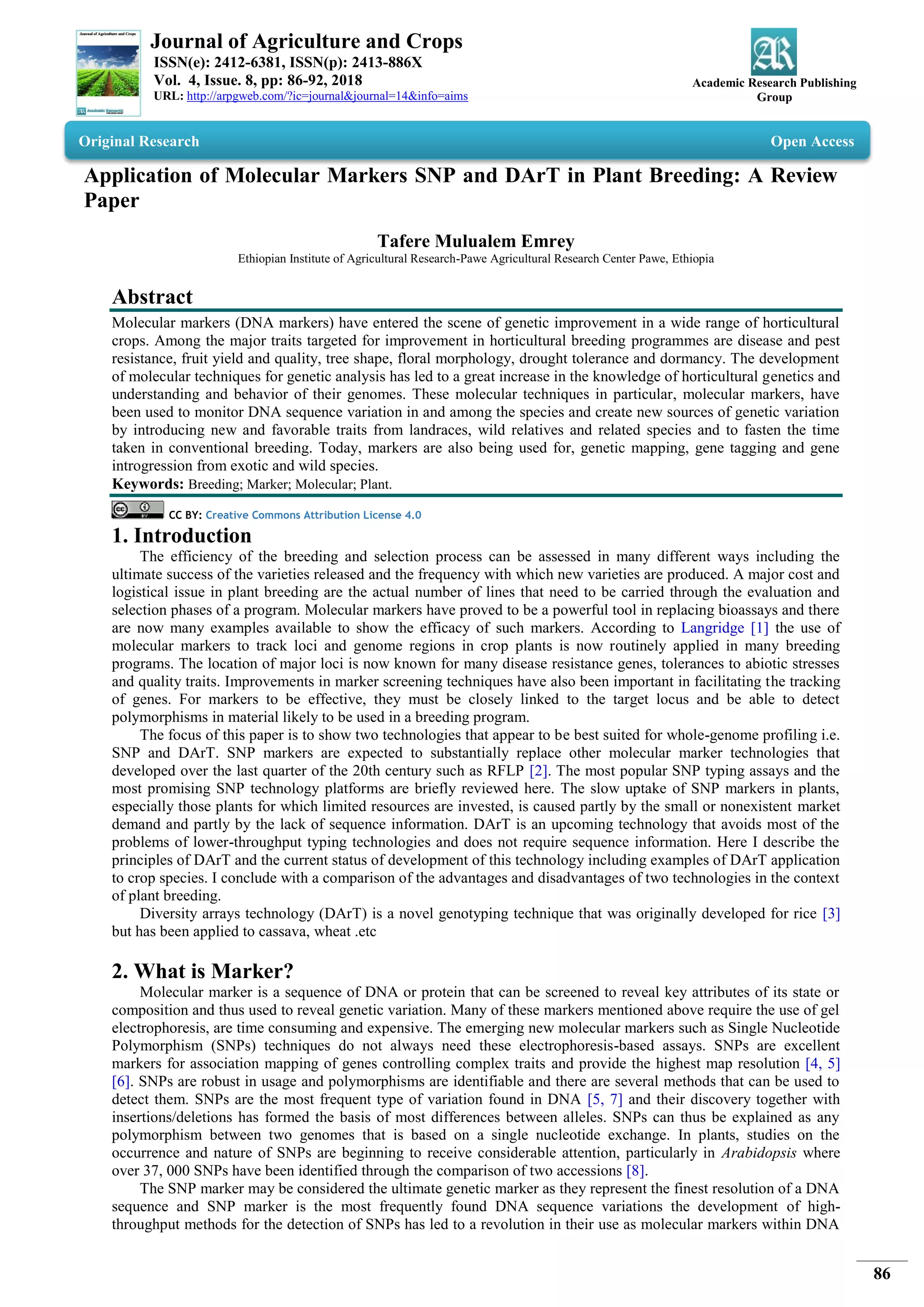 Application of Molecular Markers SNP and DArT in Plant Breeding: A ...