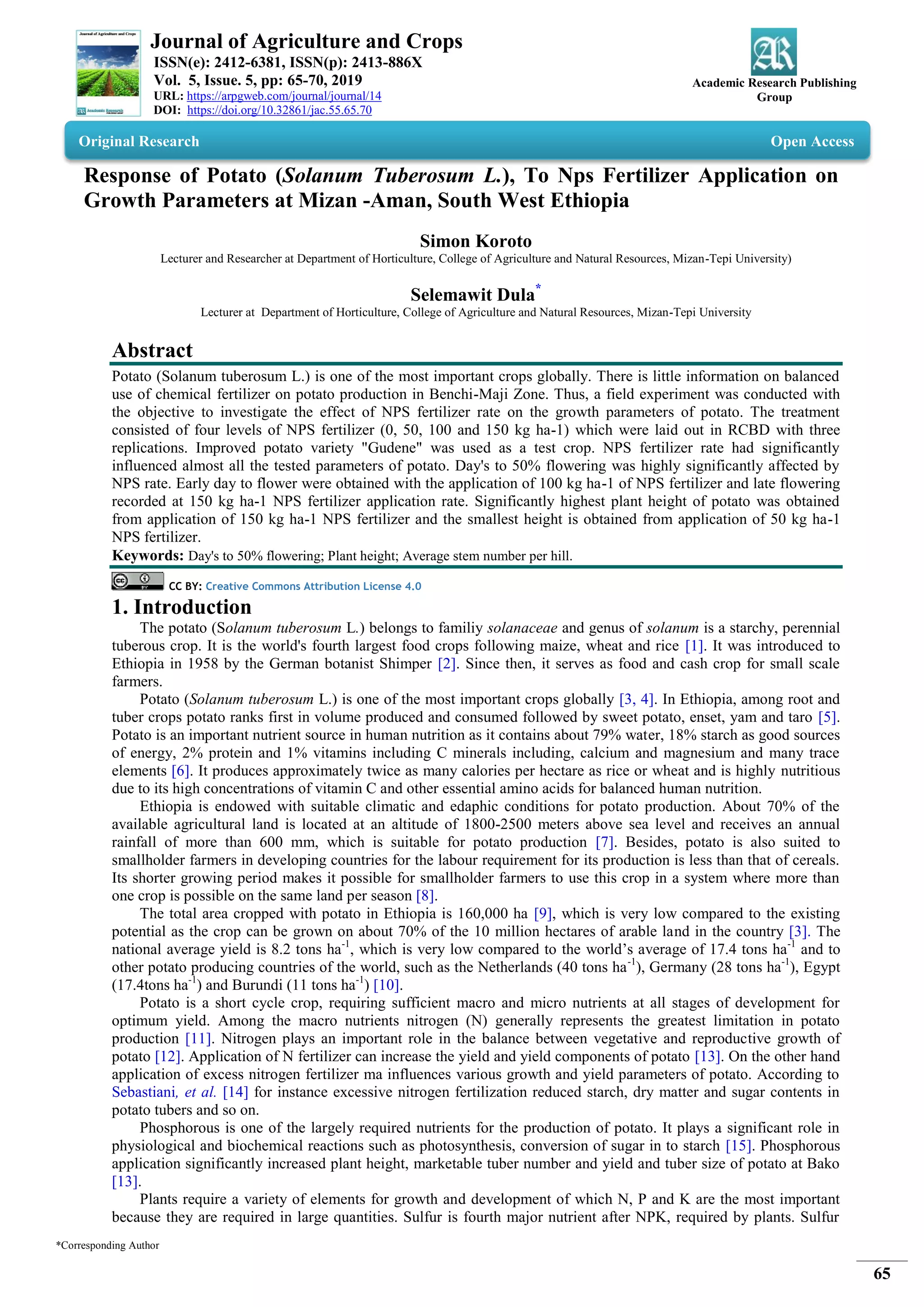 Response of Potato (Solanum Tuberosum L.), To Nps Fertilizer ...