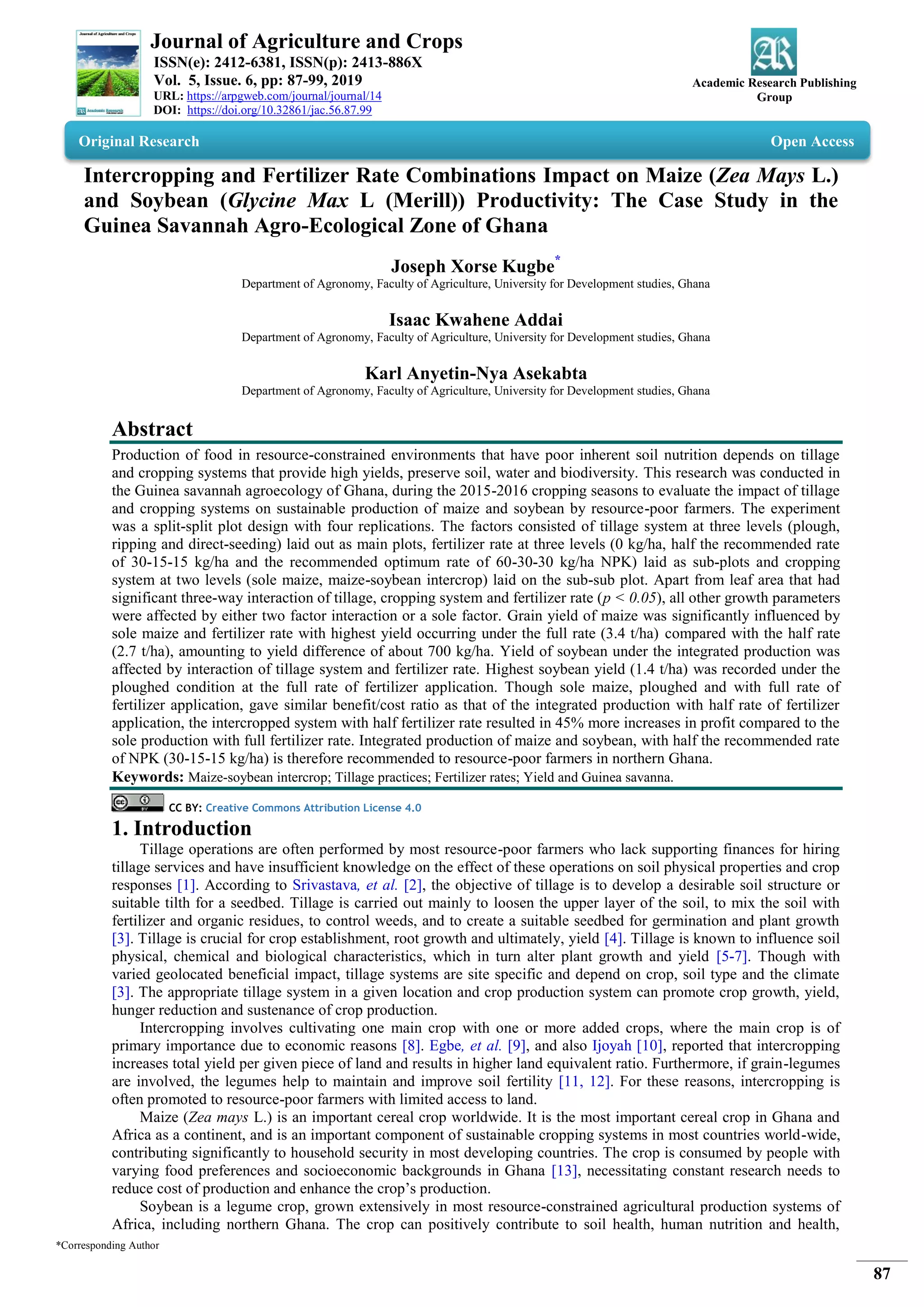 Intercropping and Fertilizer Rate Combinations Impact on Maize (Zea ...