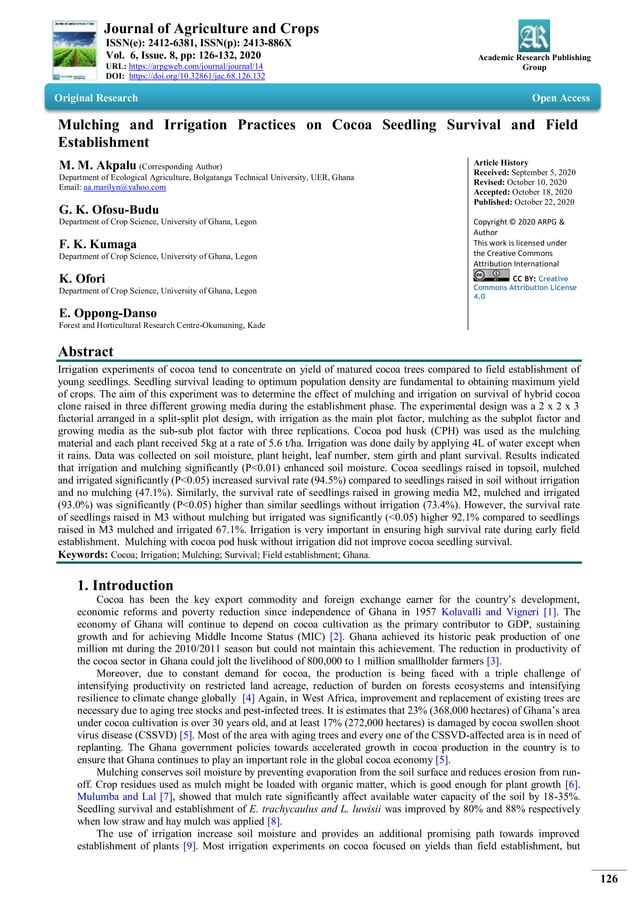 Mulching and Irrigation Practices on Cocoa Seedling Survival and Field ...