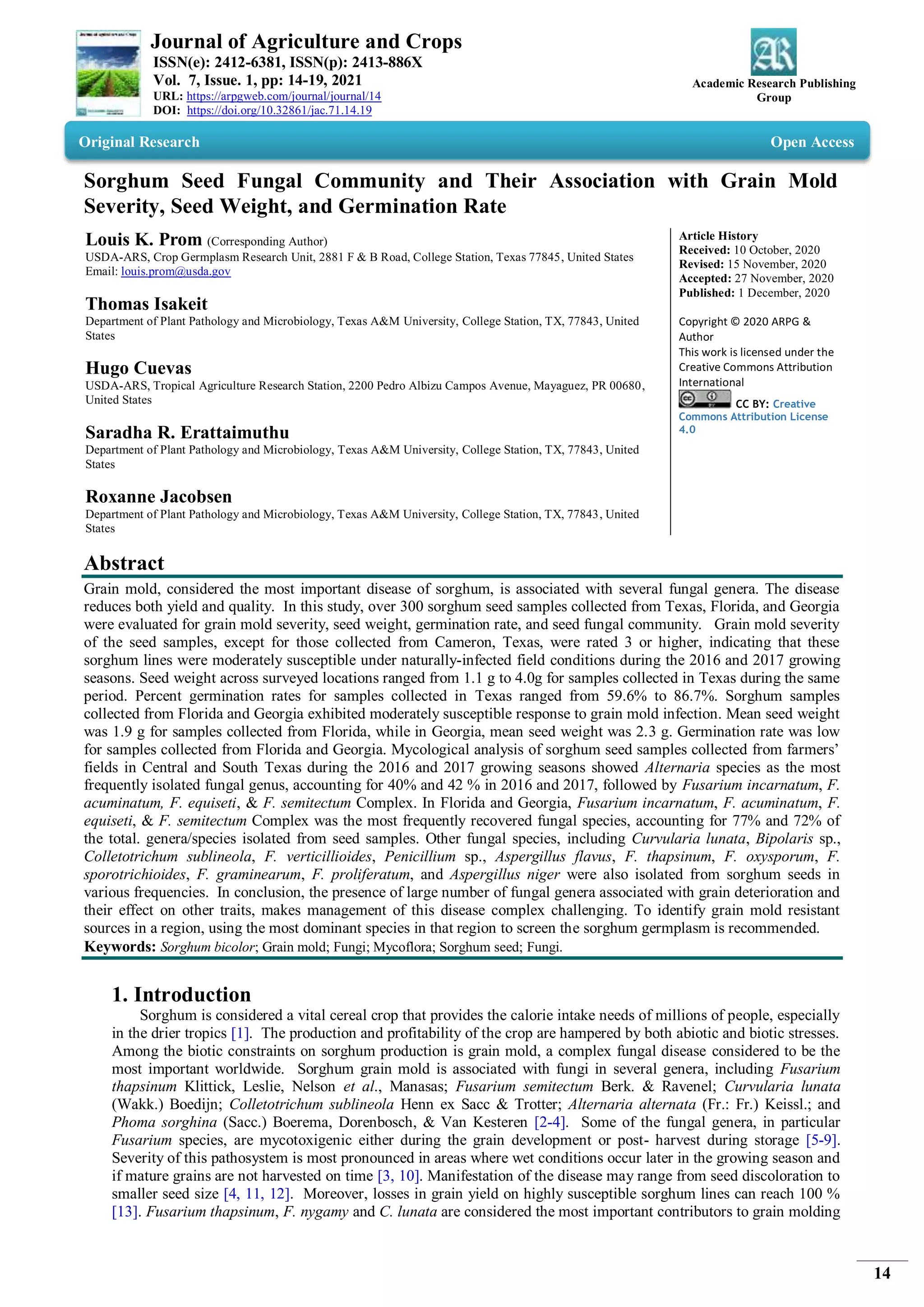 Sorghum Seed Fungal Community and Their Association with Grain Mold Severity, Seed Weight, and ...