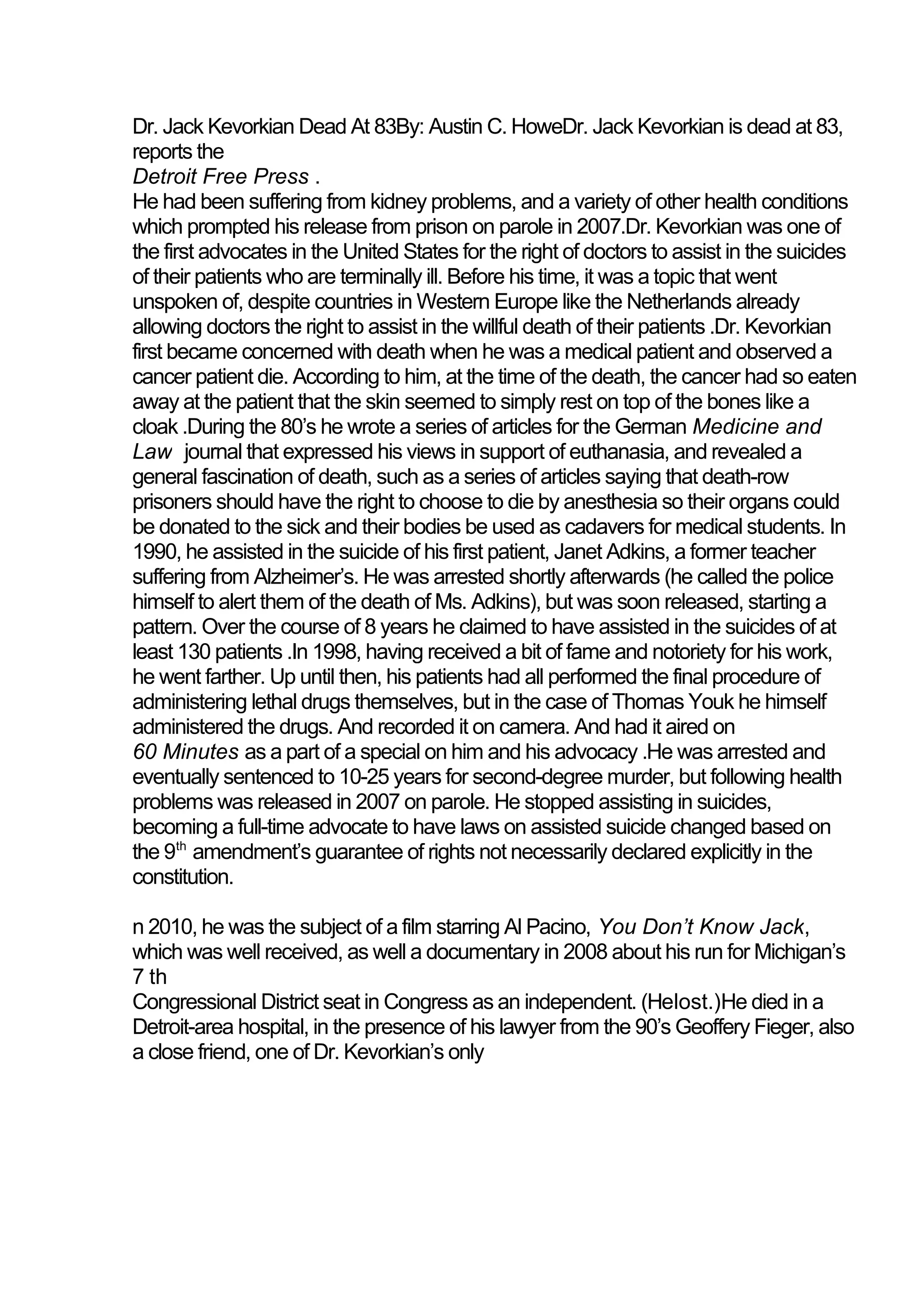 Jack Kevorkian Obituary | DOC