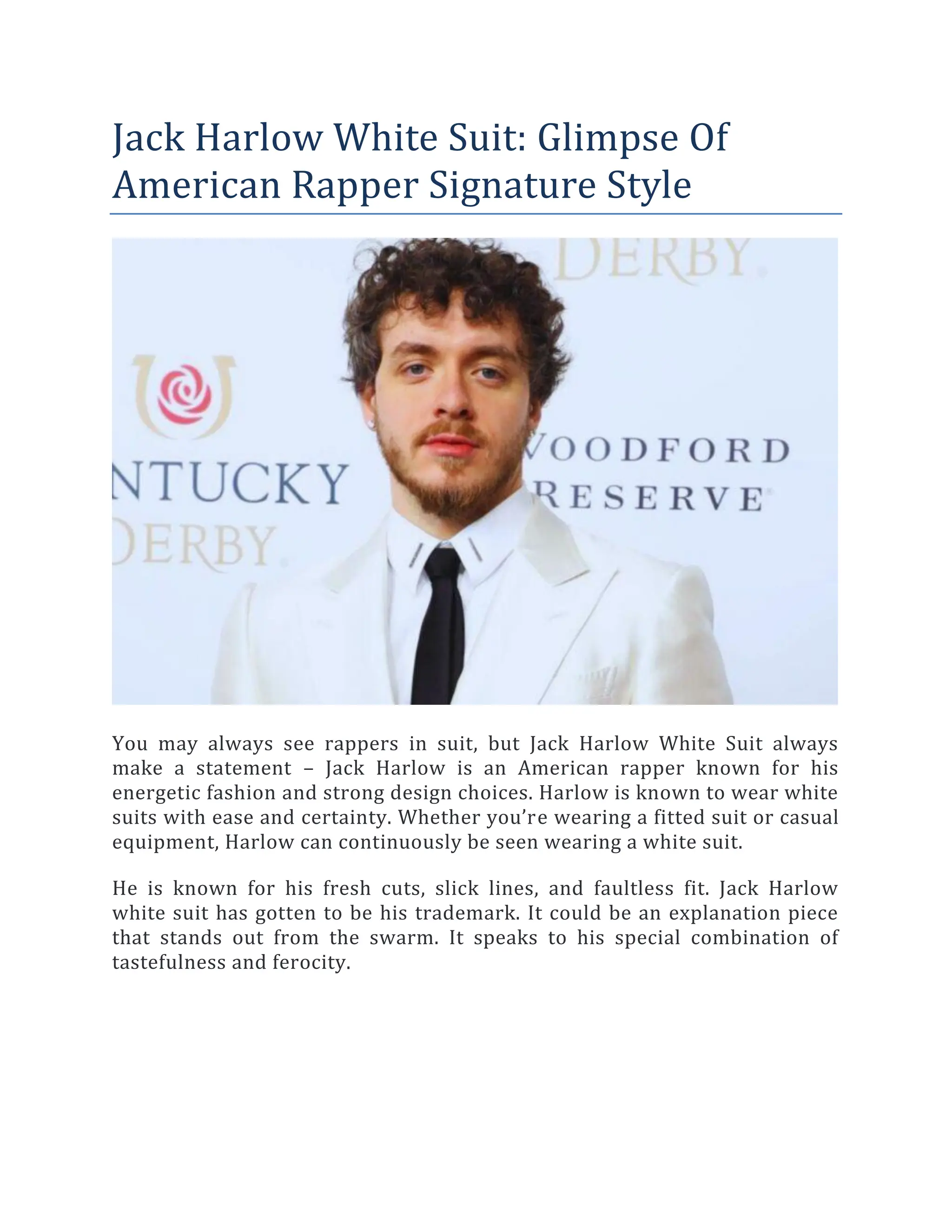 Jack Harlow White Suit: Glimpse Of American Rapper Signature Style | PDF