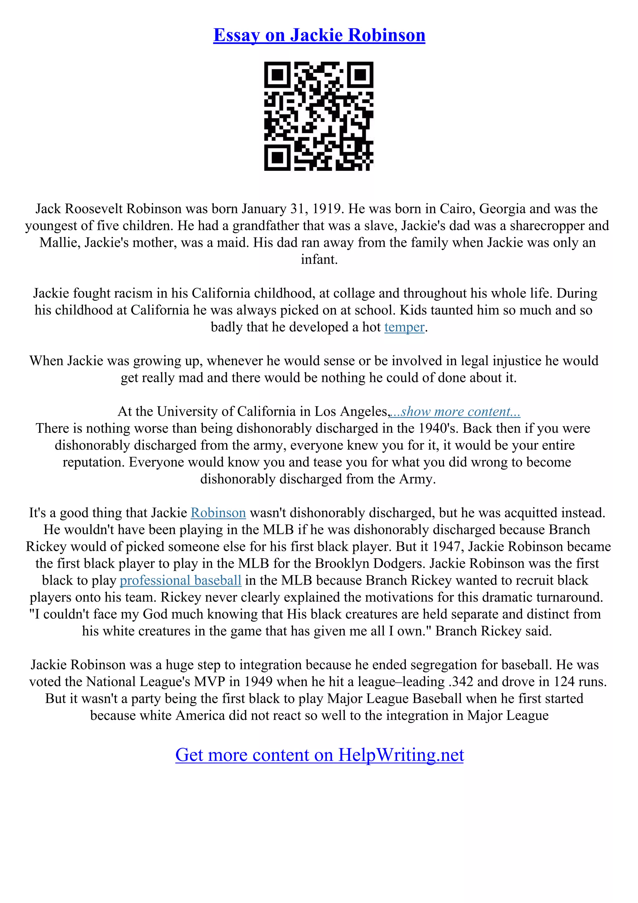 Jackie Robinson Essay | PDF