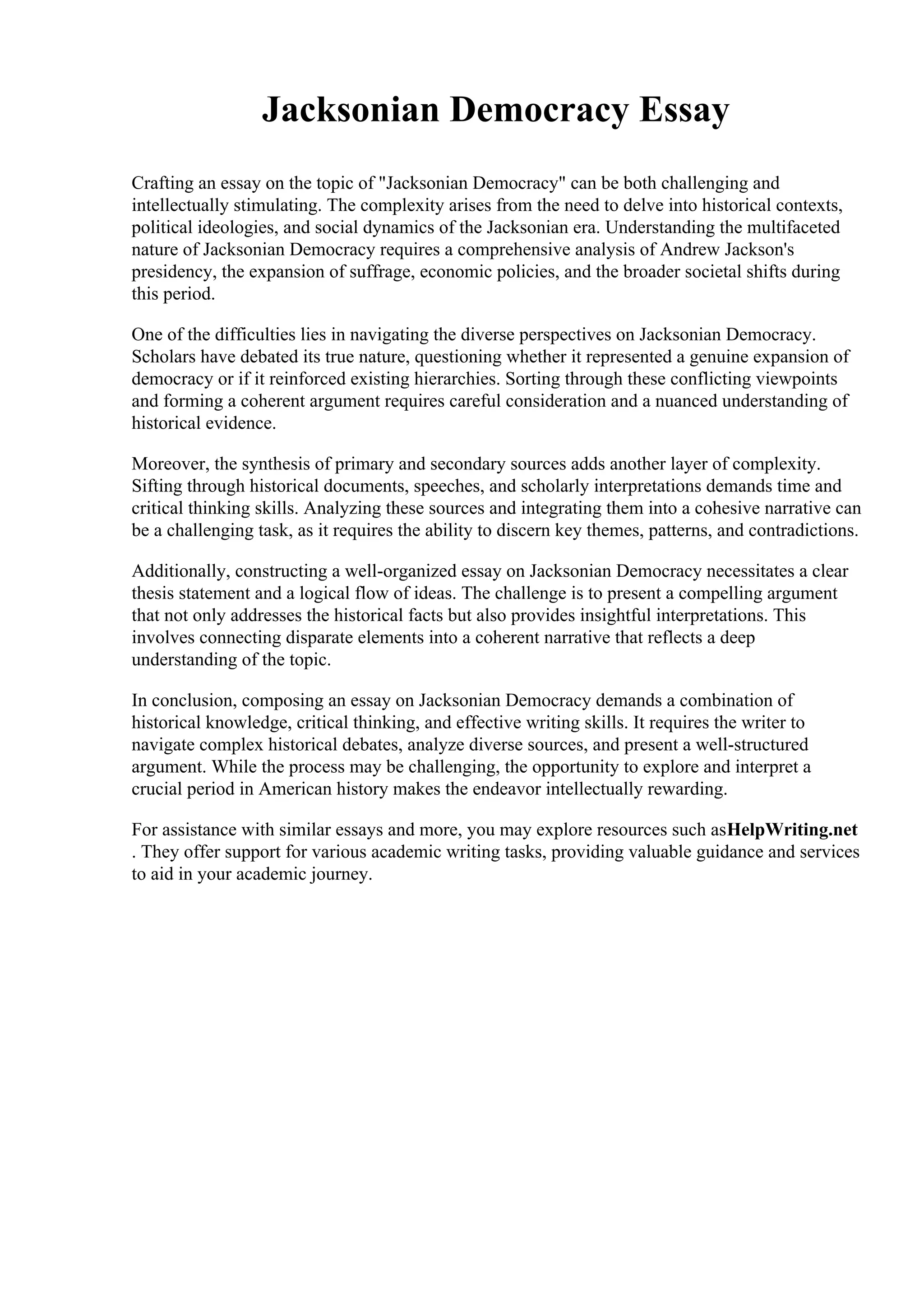 Jacksonian Democracy Essay. Orange Coast College | PDF