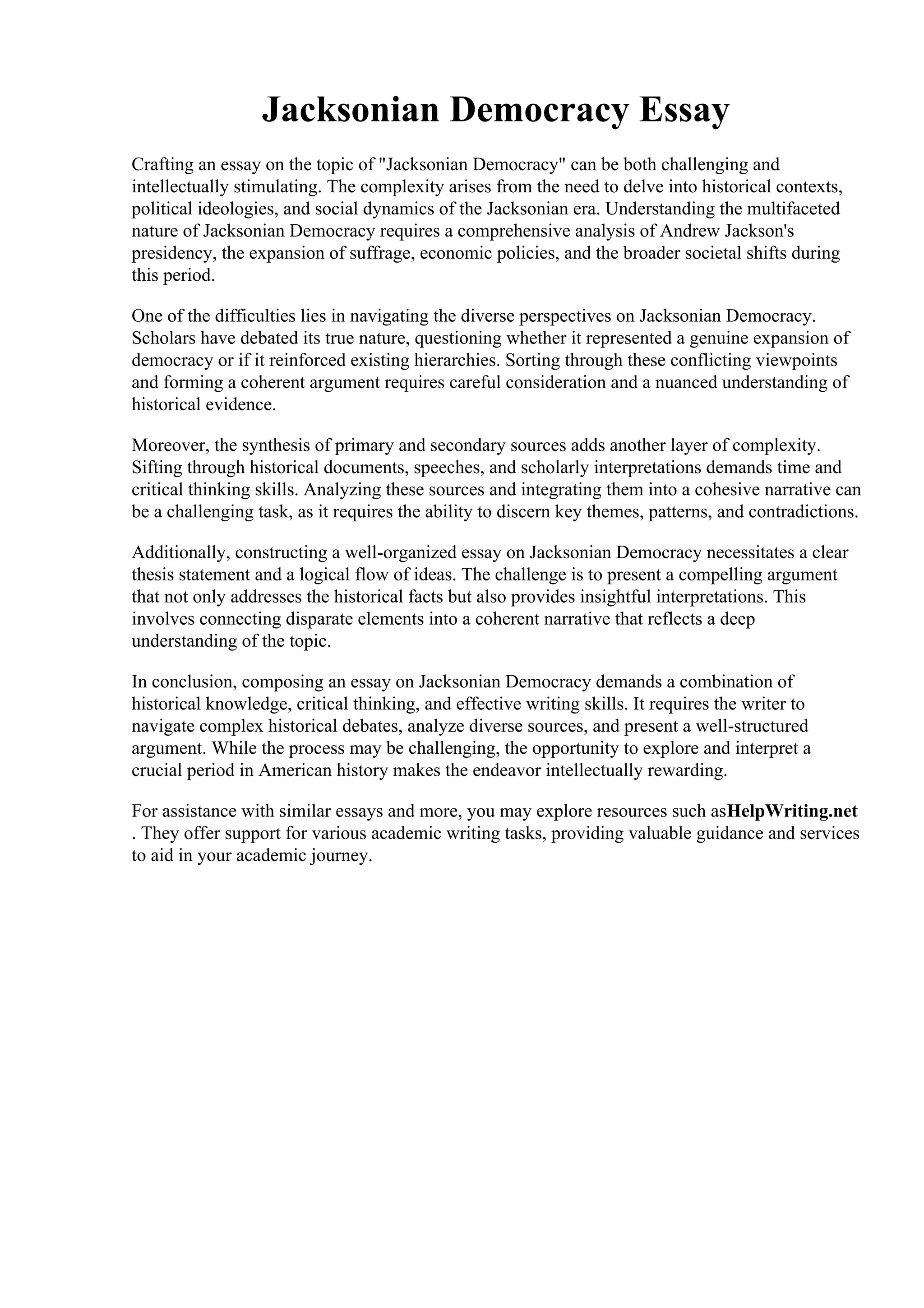 Jacksonian Democracy Essay | PDF