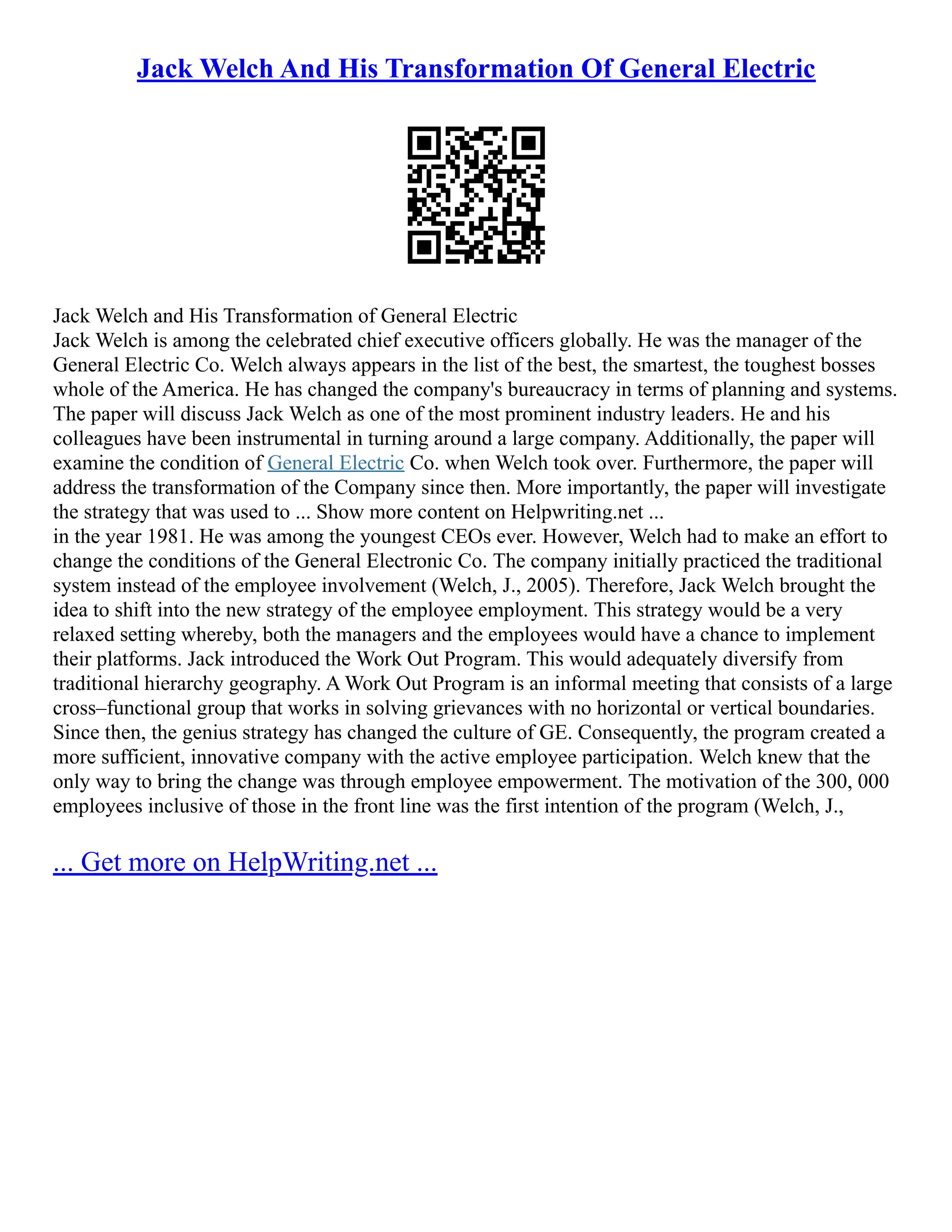 Jack Welch And His Transformation Of General Electric | PDF