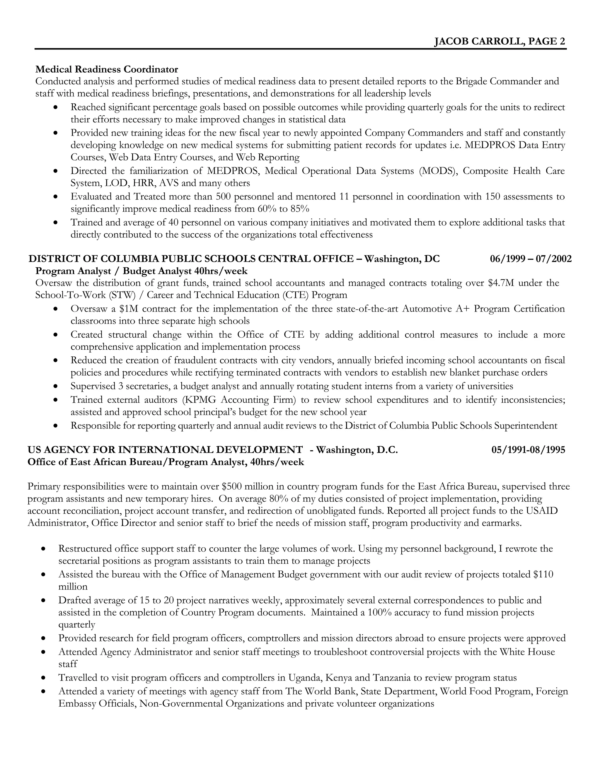 Resume for Jacob E Carroll, Sr., PMP, Army Veteran, Budget Analyst ...