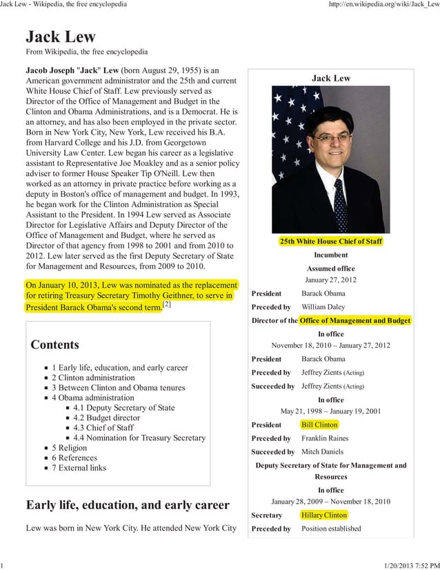 JACOB "JACK" LEW - Wikipedia Information | PDF