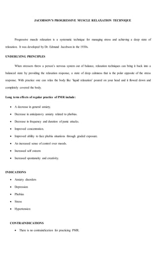 Jacobsons progressive muscle relaxation technique | DOCX