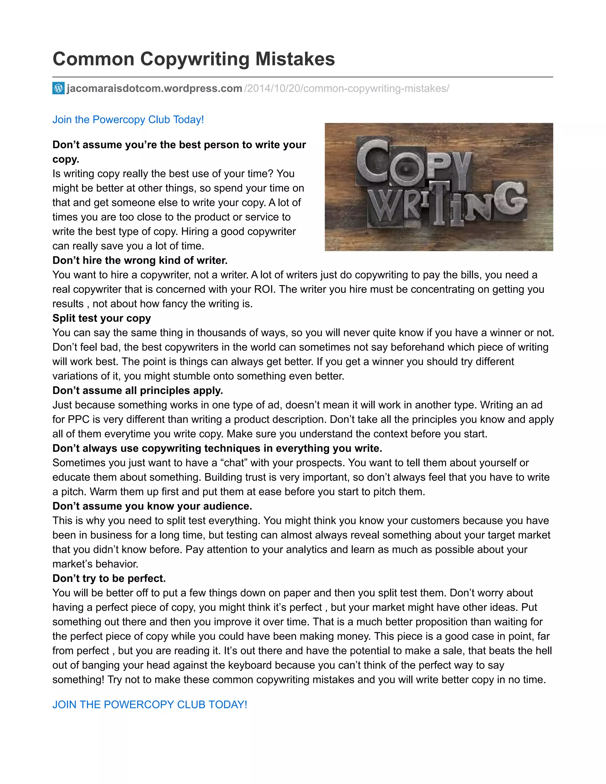 Common Copywriting Mistakes | PDF